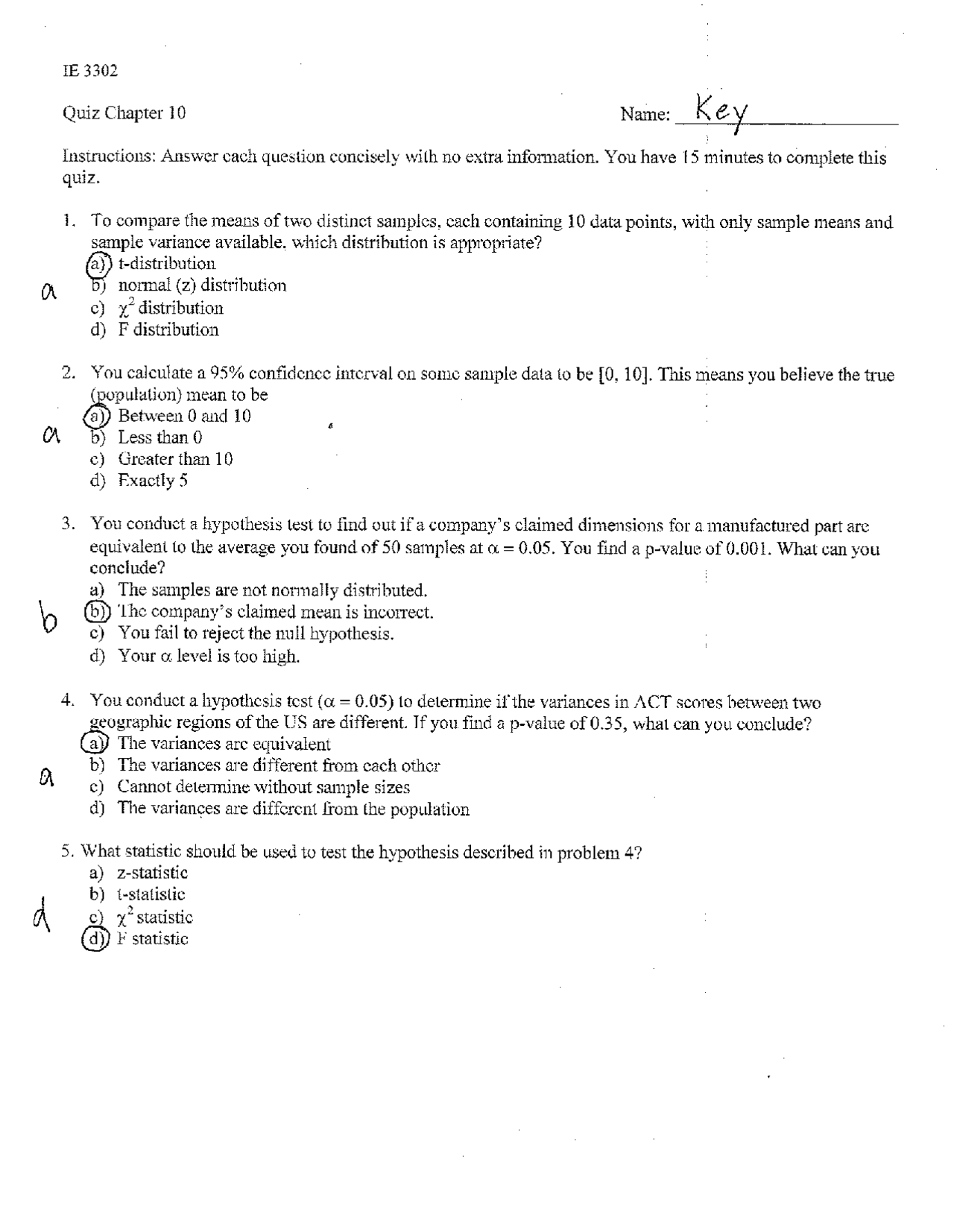 Quiz 10 With Answer Key Engineering Statistics Ie 3302 Docsity