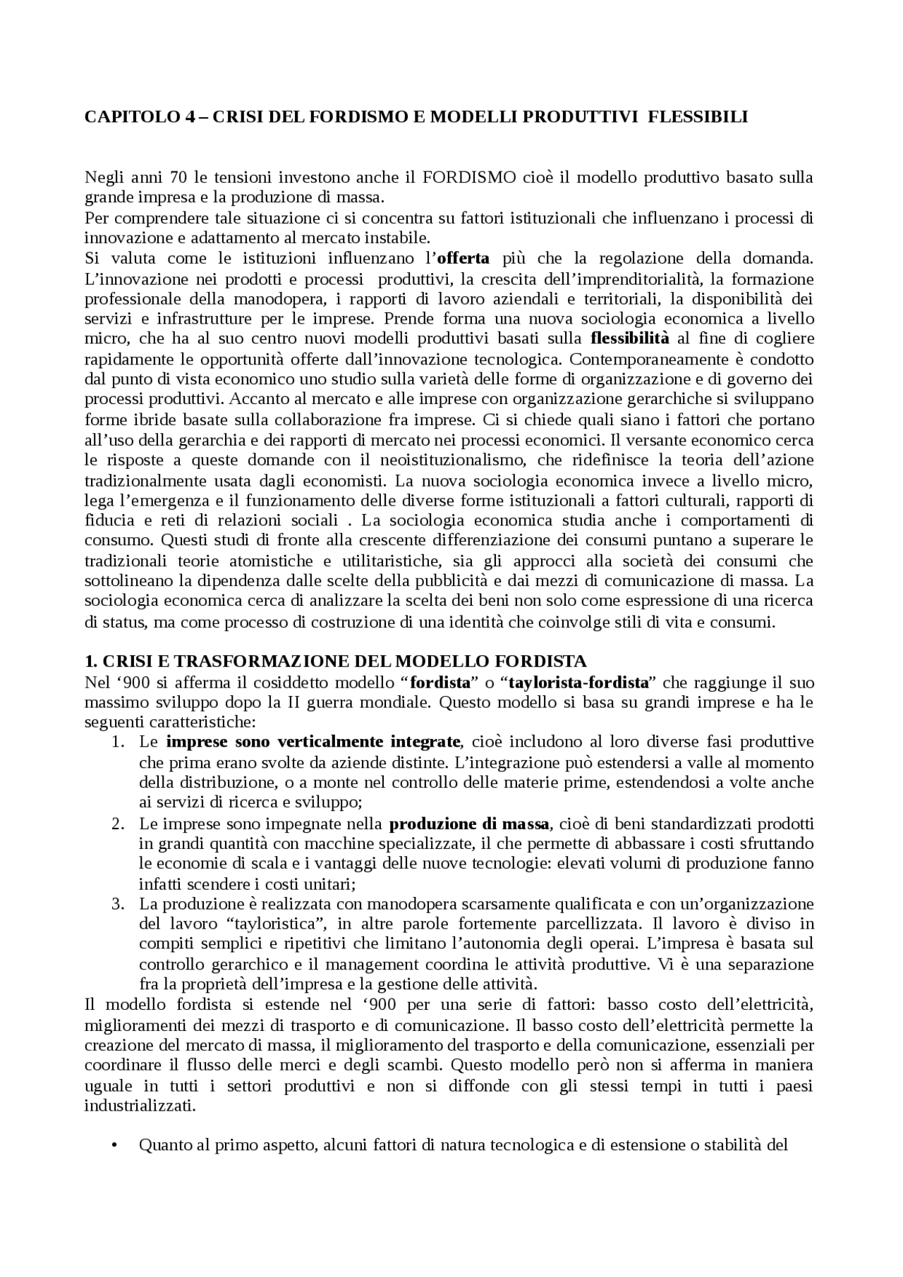 Crisi del fordismo come modello industriale - Docsity