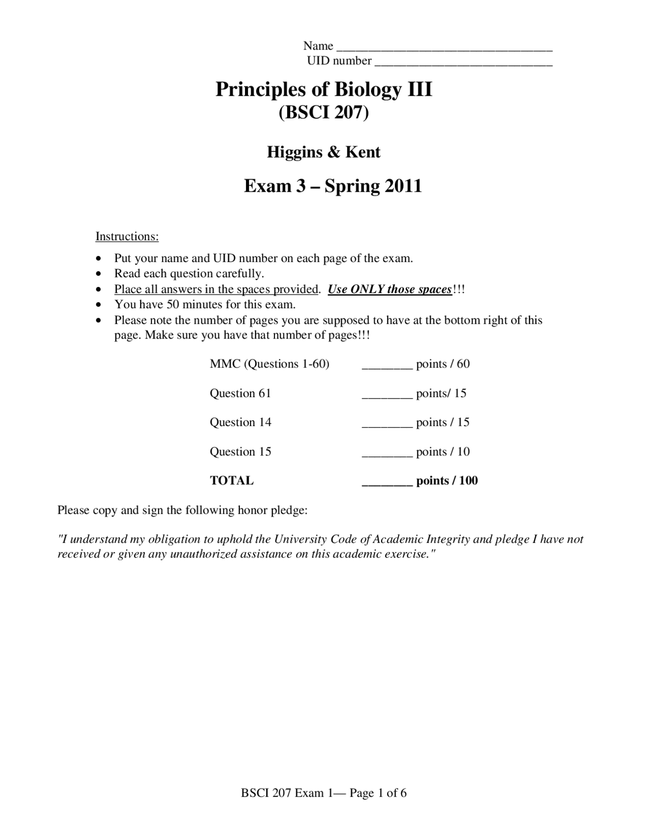 Exam 3 Spring 2011 Principles Of Biology Bsci 207 Docsity