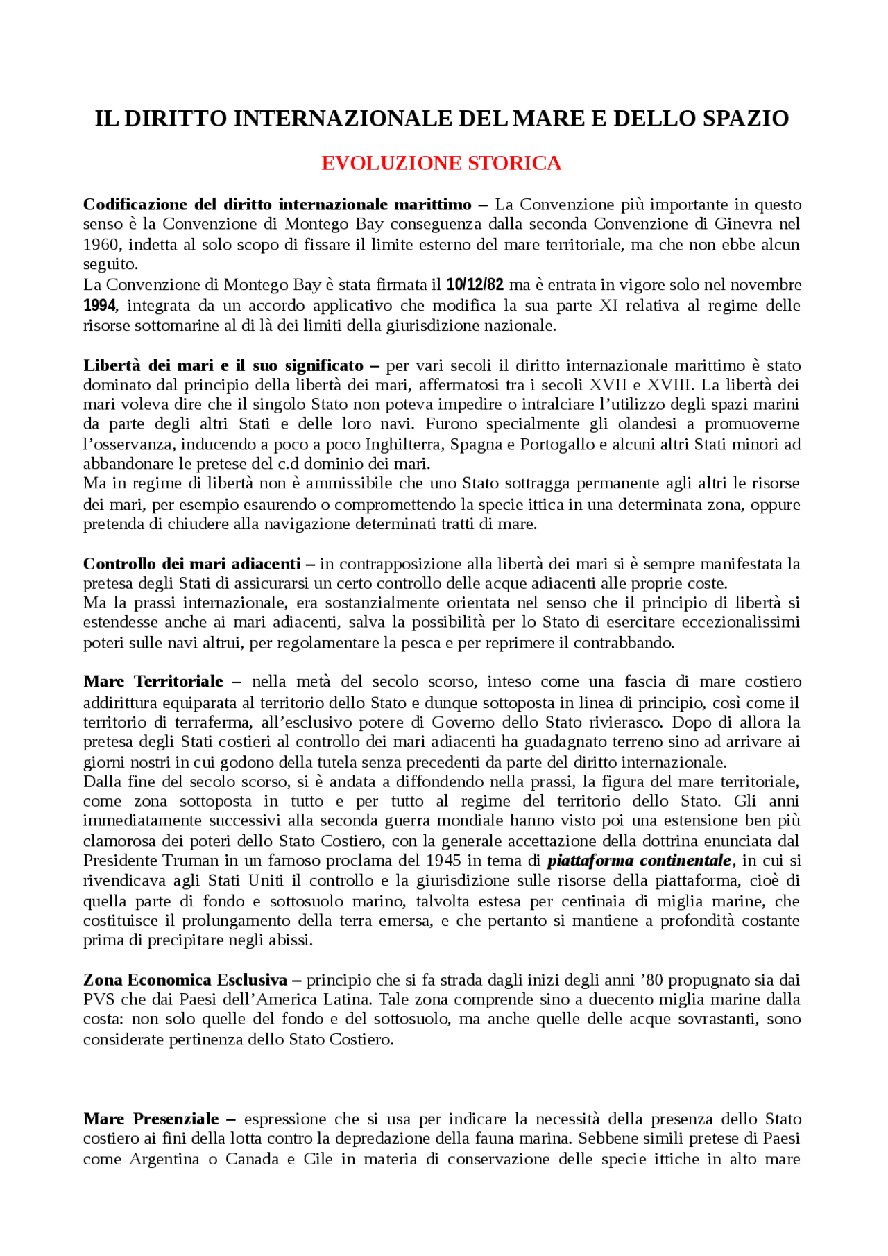 IL DIRITTO INTERNAZIONALE DEL MARE E DELLO SPAZIO - Docsity