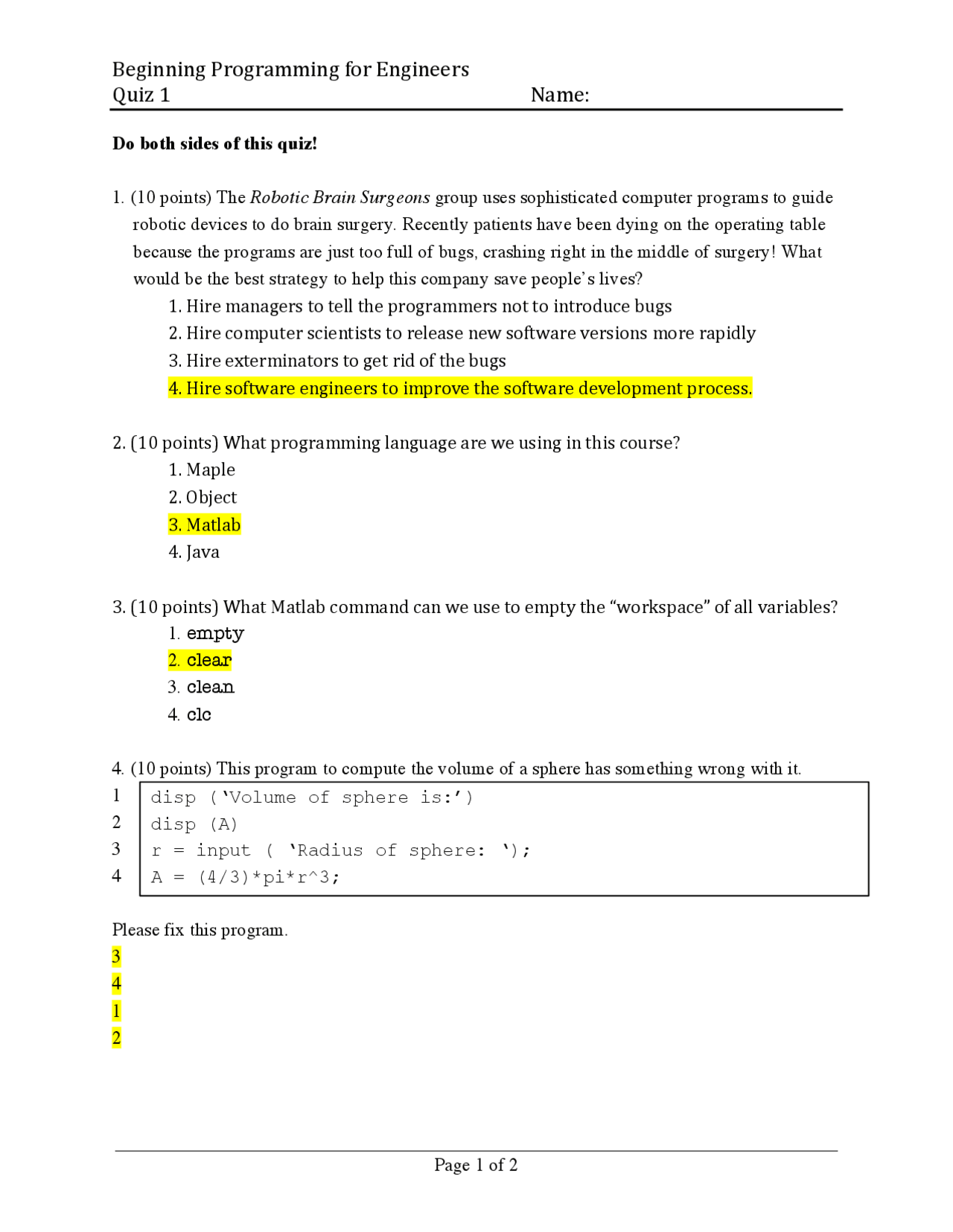 Quiz 1 For Exam Question Beginning Program For Engineering Csci