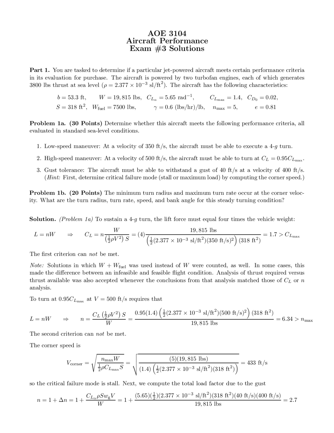 Exam 3 With Solution For Aircraft Performance Aoe 3104 Docsity