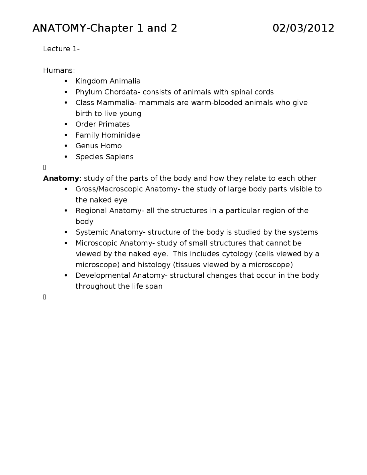Notes On Human Anatomy And Physiology I Bsci 201 Docsity