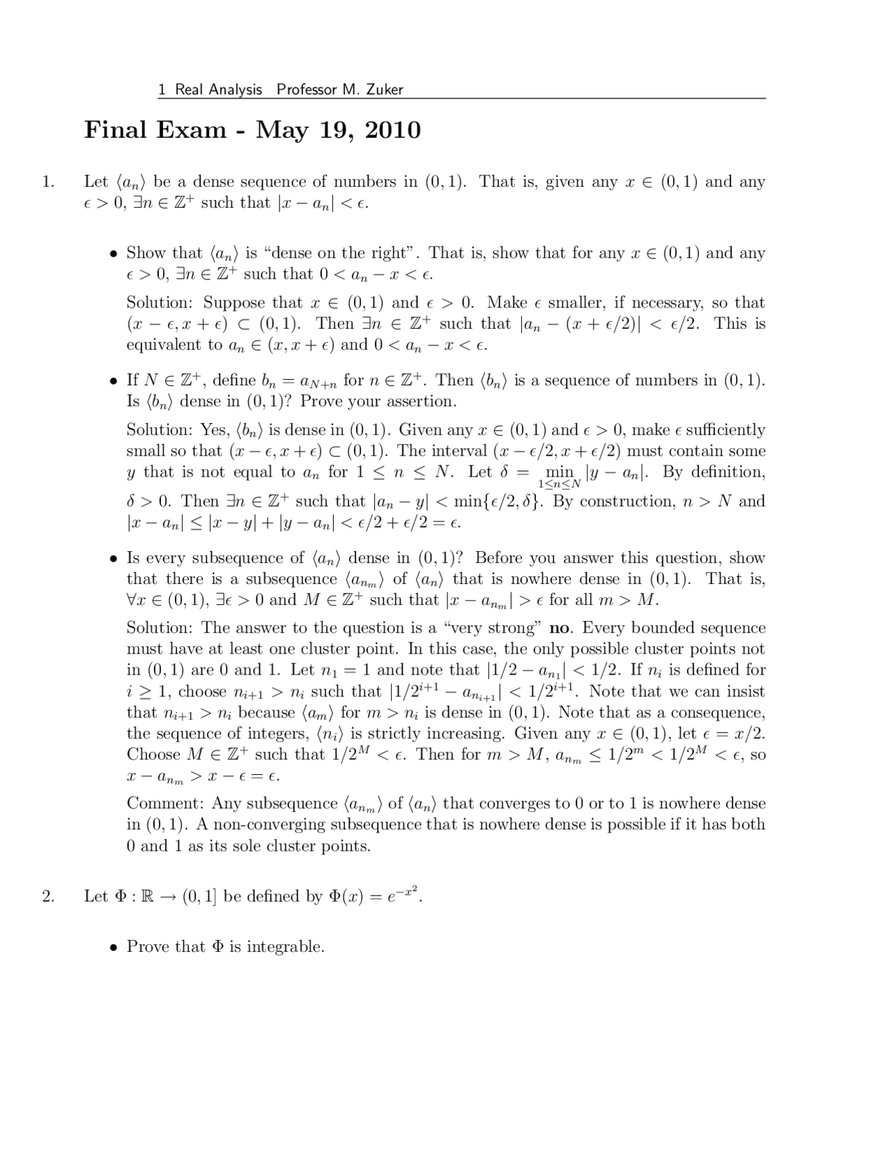 8 Problems On Real Analysis In Mathematics Final Exam Math 6200