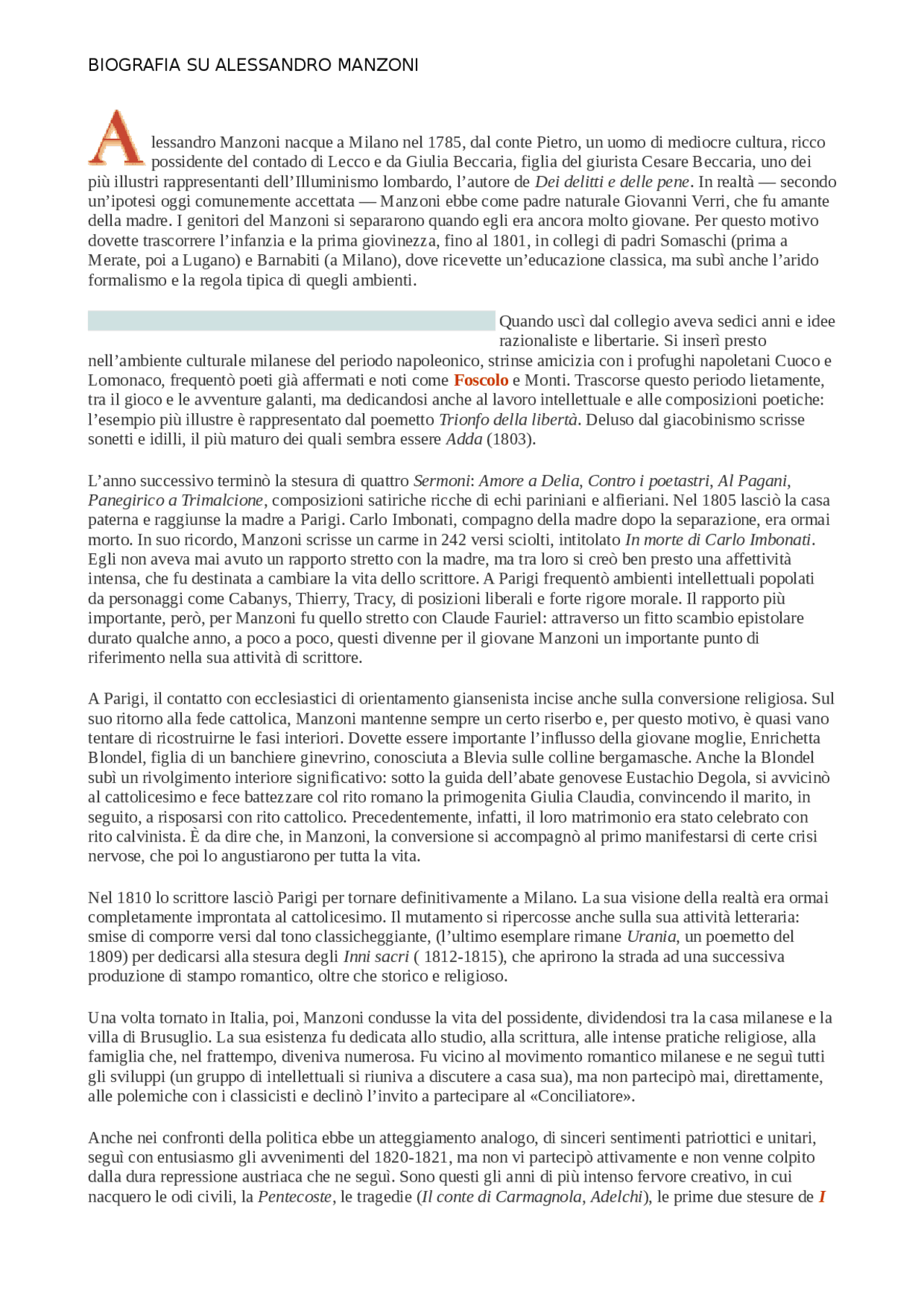 Alessandro Manzoni - Biografia - Docsity