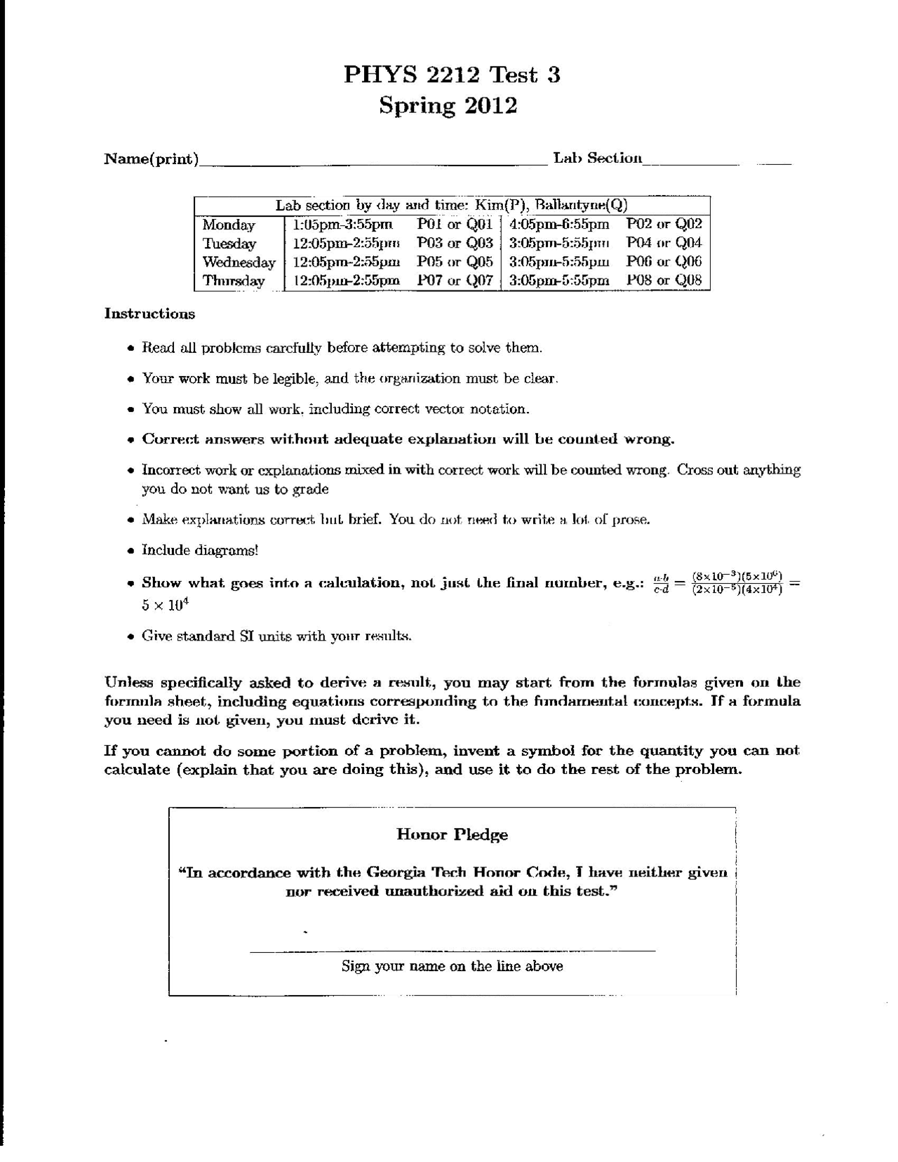 Test 3 With Solution Introduction To Physics Ii Phys 2212 Docsity