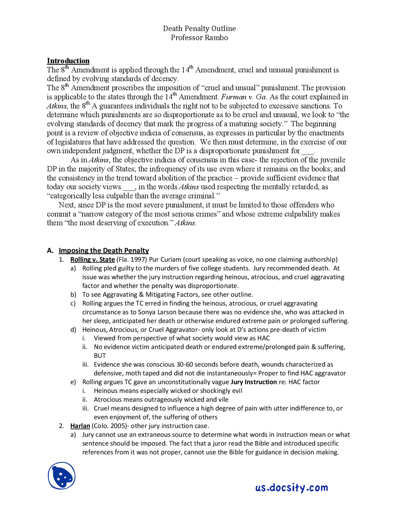Death Penalty Law Outline 1 - Introduction, Imposing Death Penalty ...