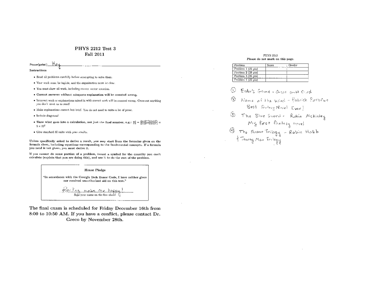 Test 3 Solutions Introduction To Physics Ii Phys 2212 Docsity