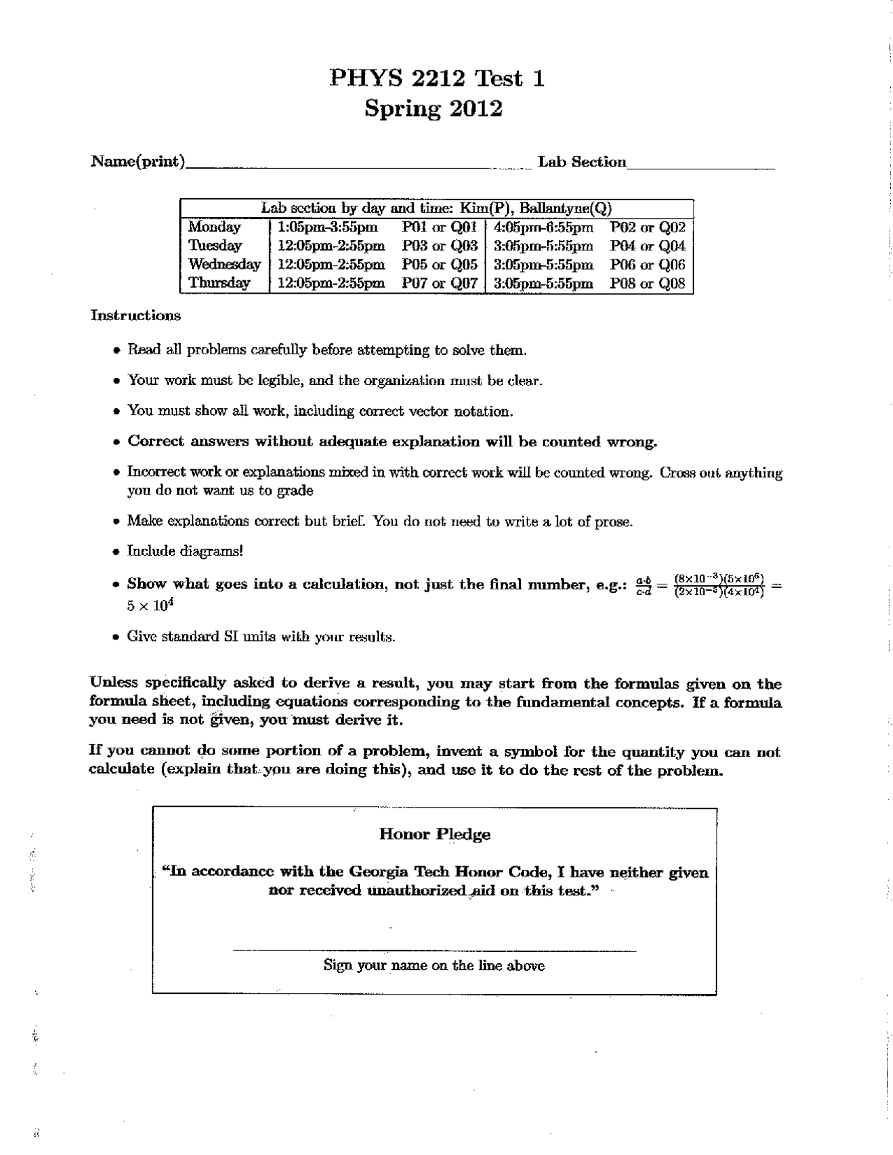 Test 1 With Resolution Introduction To Physics Ii Phys 2212 Exams