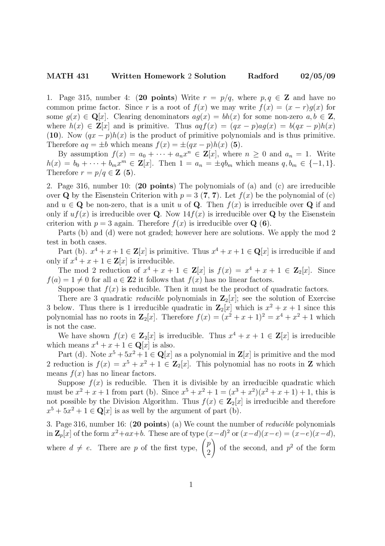 Abstract Algebra Ii Homework 2 With Solutions Math 431 Docsity