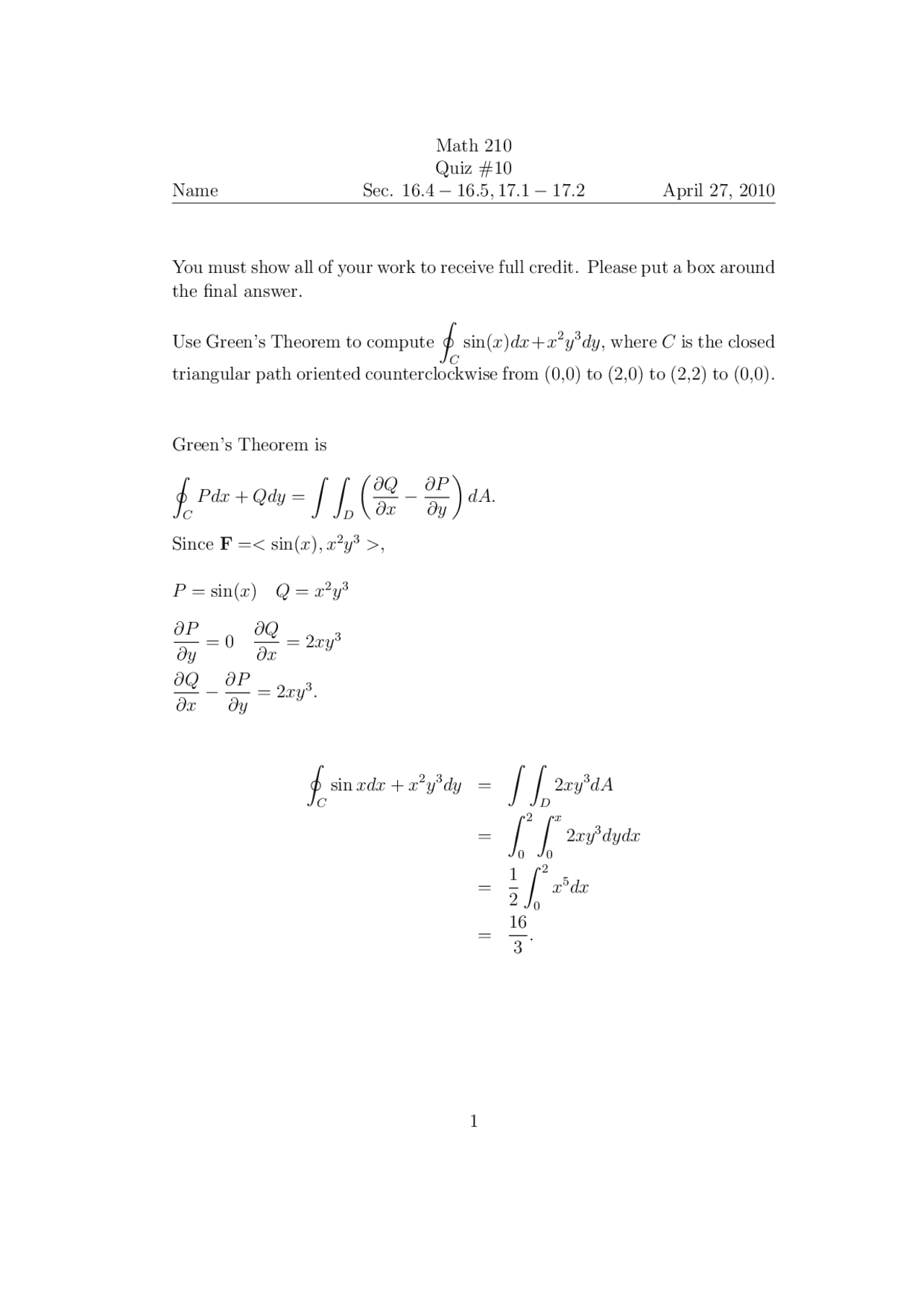 Green's Theorem - Calculus III - Quiz 10 | MATH 210 - Docsity