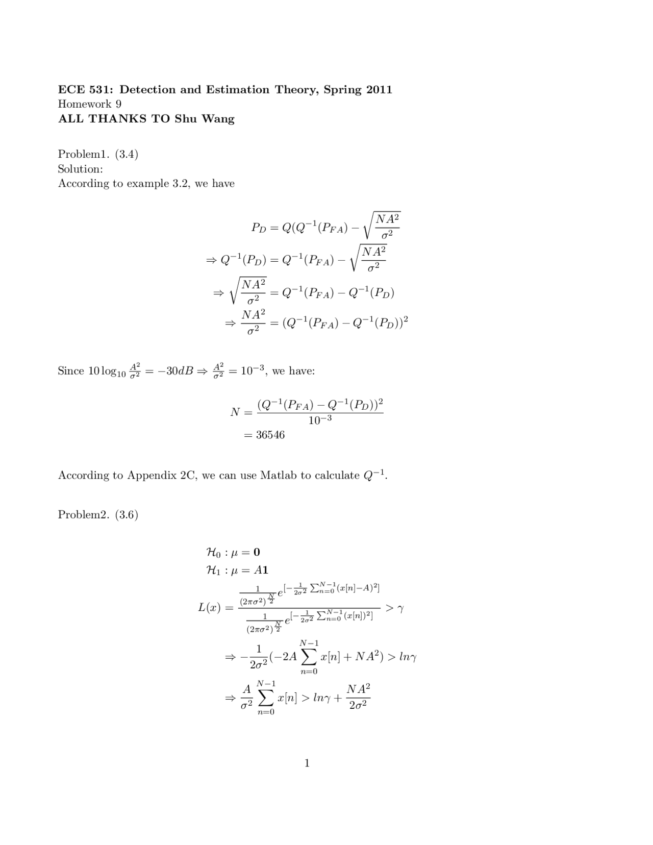 Detection And Estimation Theory Solutions To Homework 9 Ece 531
