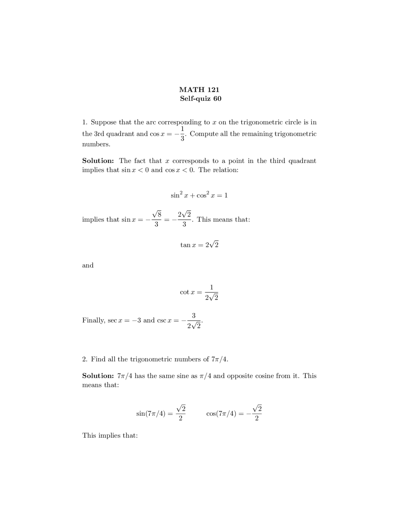 Solved Quiz 60 Precalculus Mathematics Math 121 Docsity