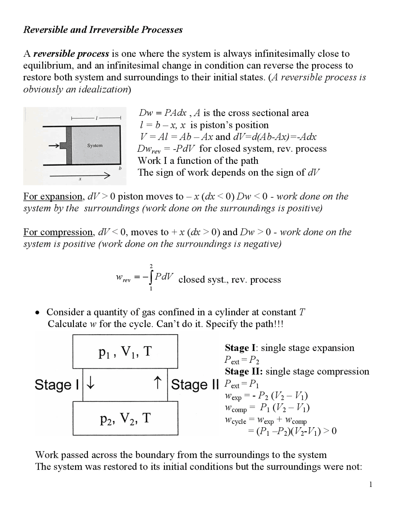 Reversible and Irreversible Process - Lecture Notes | CHEM 340 - Docsity