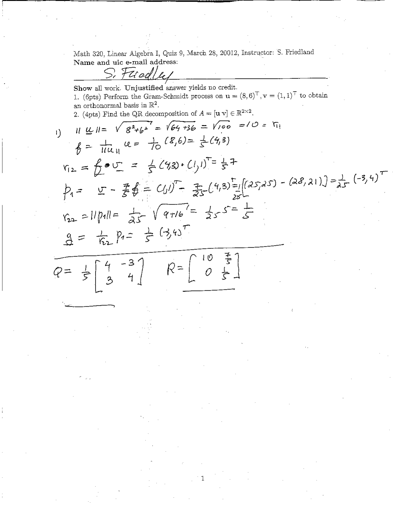 Quiz 9 With Solution For Linear Algebra I Math 320 Docsity