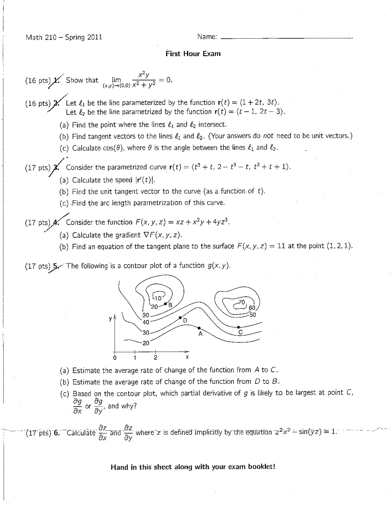 Exam 1 Questions with Answer Key - Calculus III | MATH 210 | Exams ...