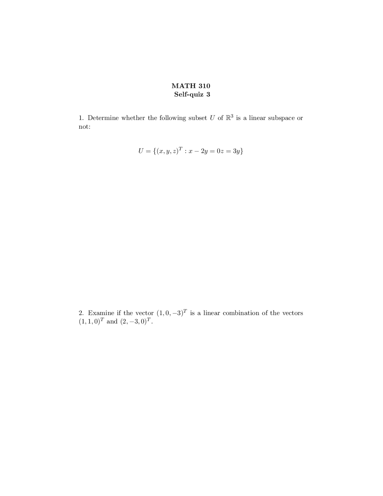 Questions With Solution Applied Linear Algebra Quiz 3 Math 310