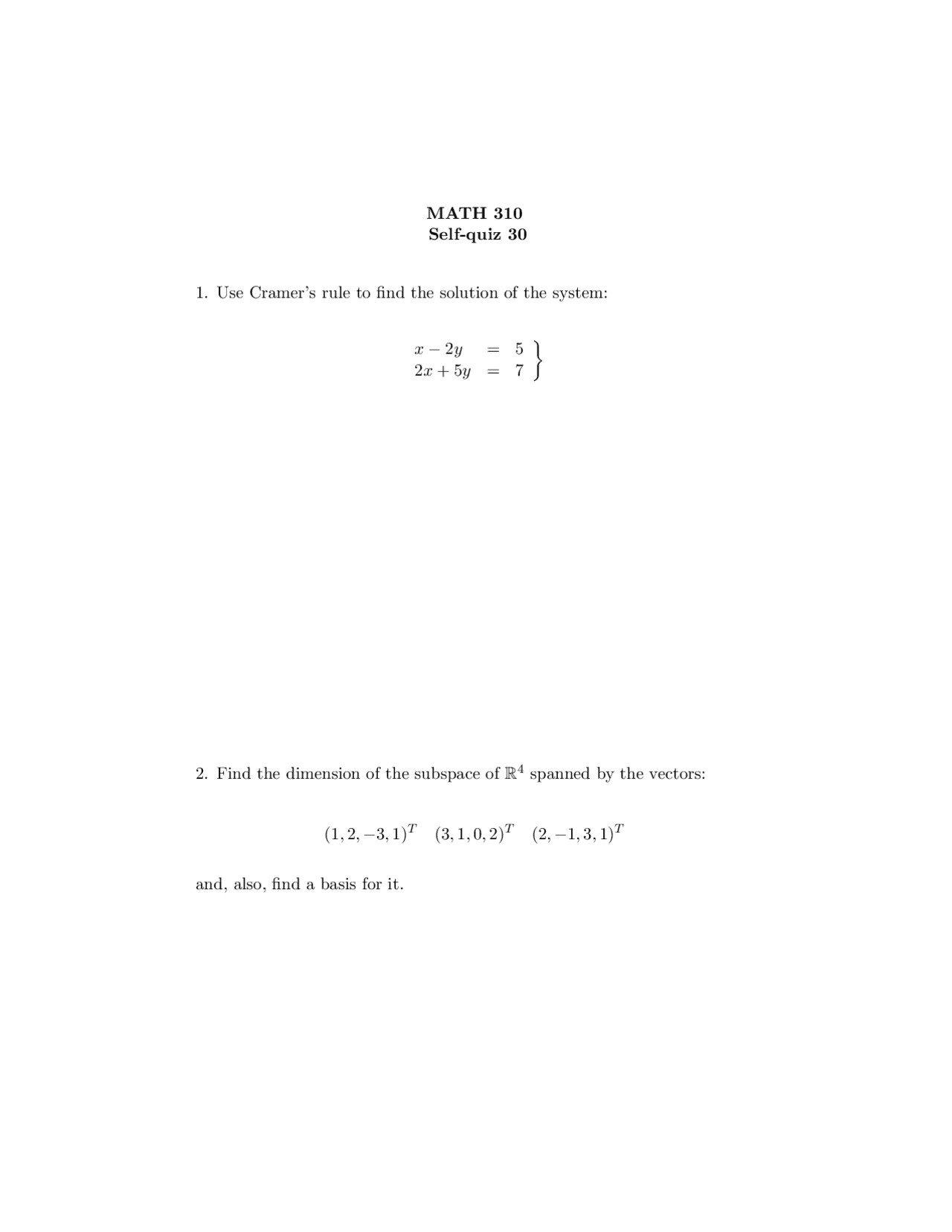 2 Solved Problems On Applied Linear Algebra Quiz 25 Math 310 Docsity