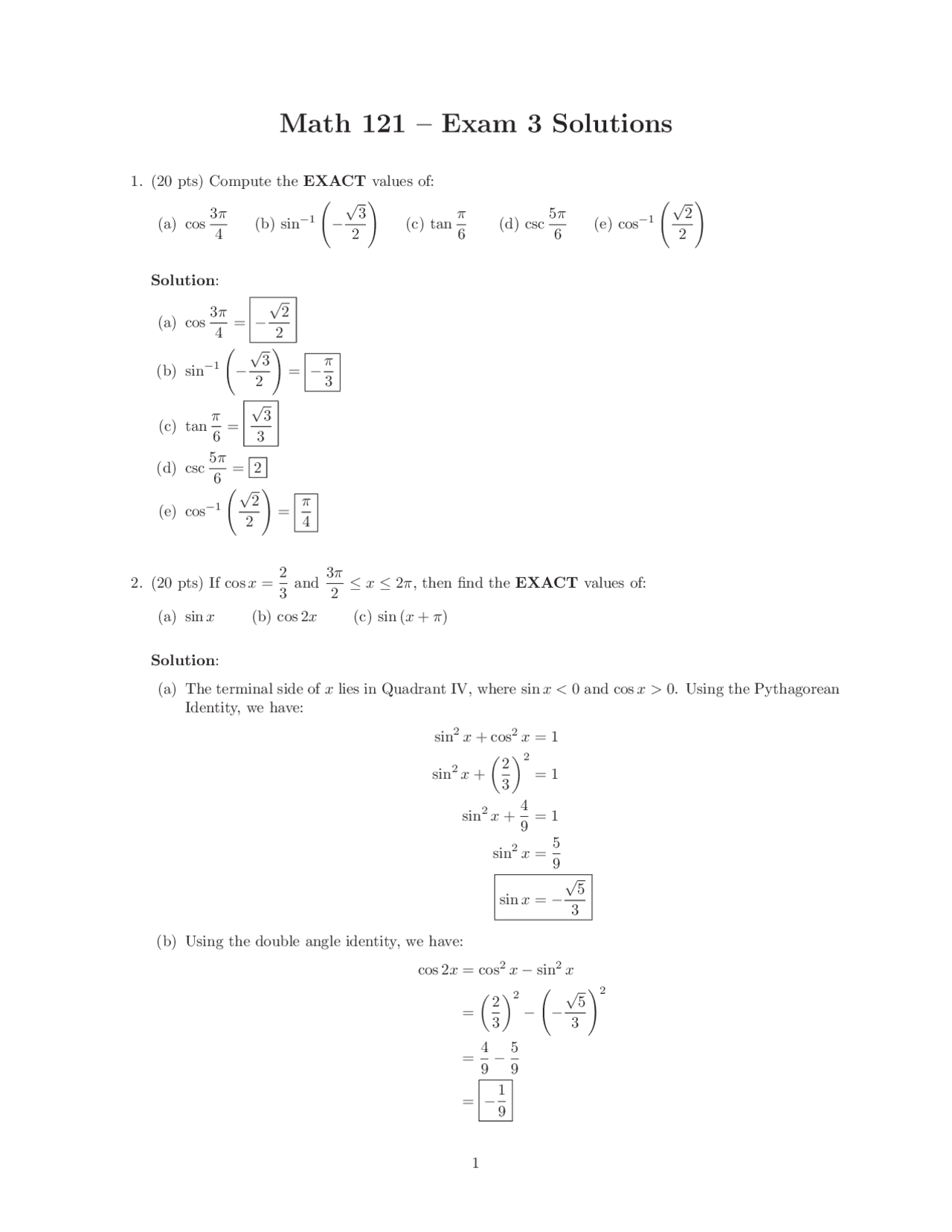Exam 3 Solutions Precalculus Mathematics Math 121 Docsity