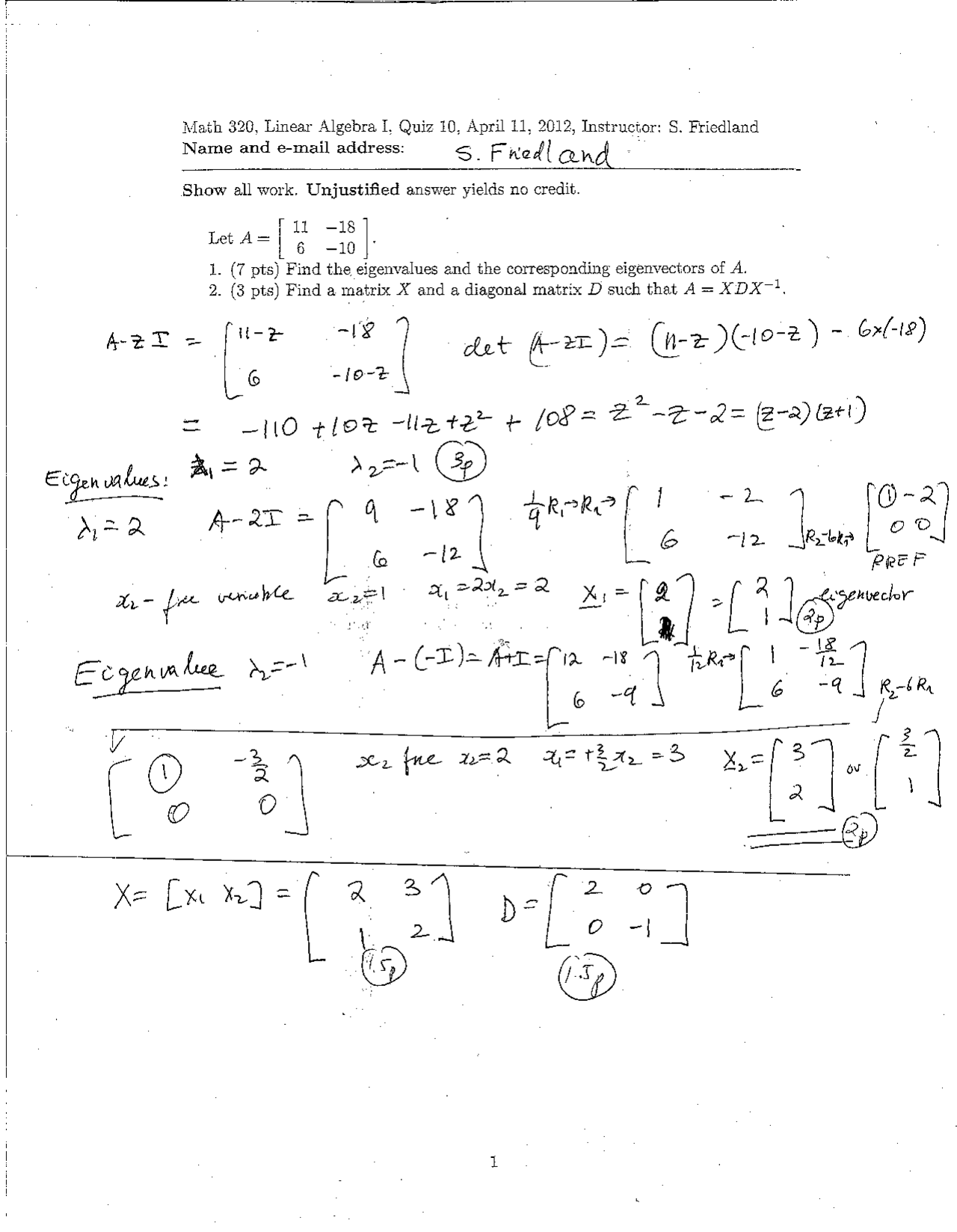 Solved Problems In Quiz 10 On Linear Algebra I Math 320 Docsity