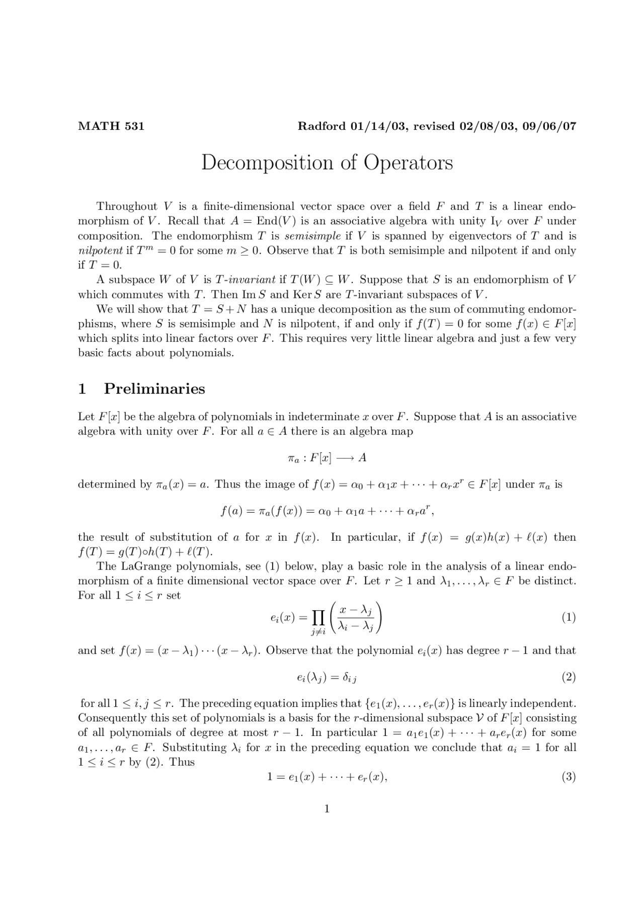 Lecture Notes on Decomposition of Operators | MATH 531 - Docsity