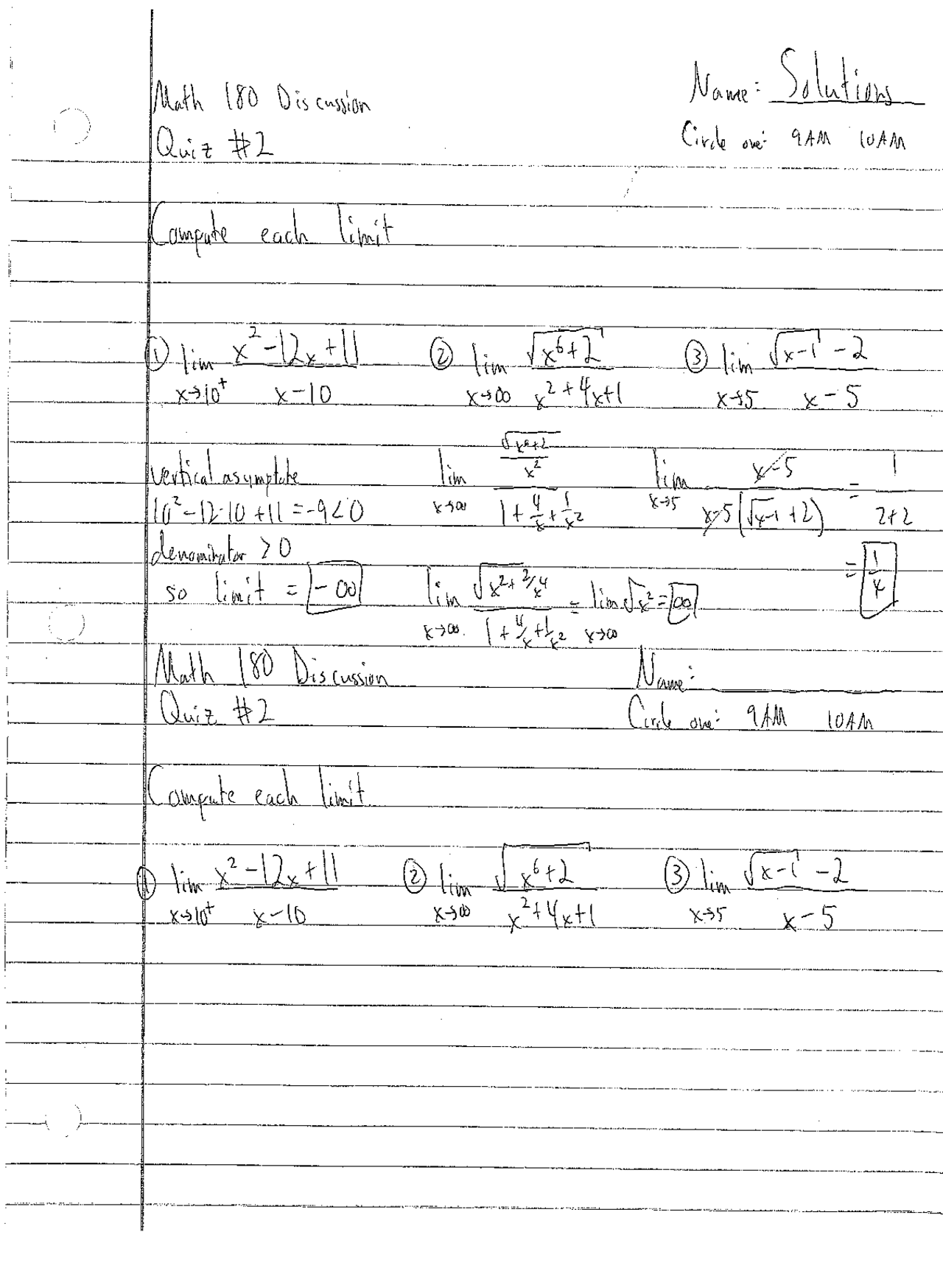 2 Solved Questions To Compute The Limits Quiz 2 Math 180 Docsity