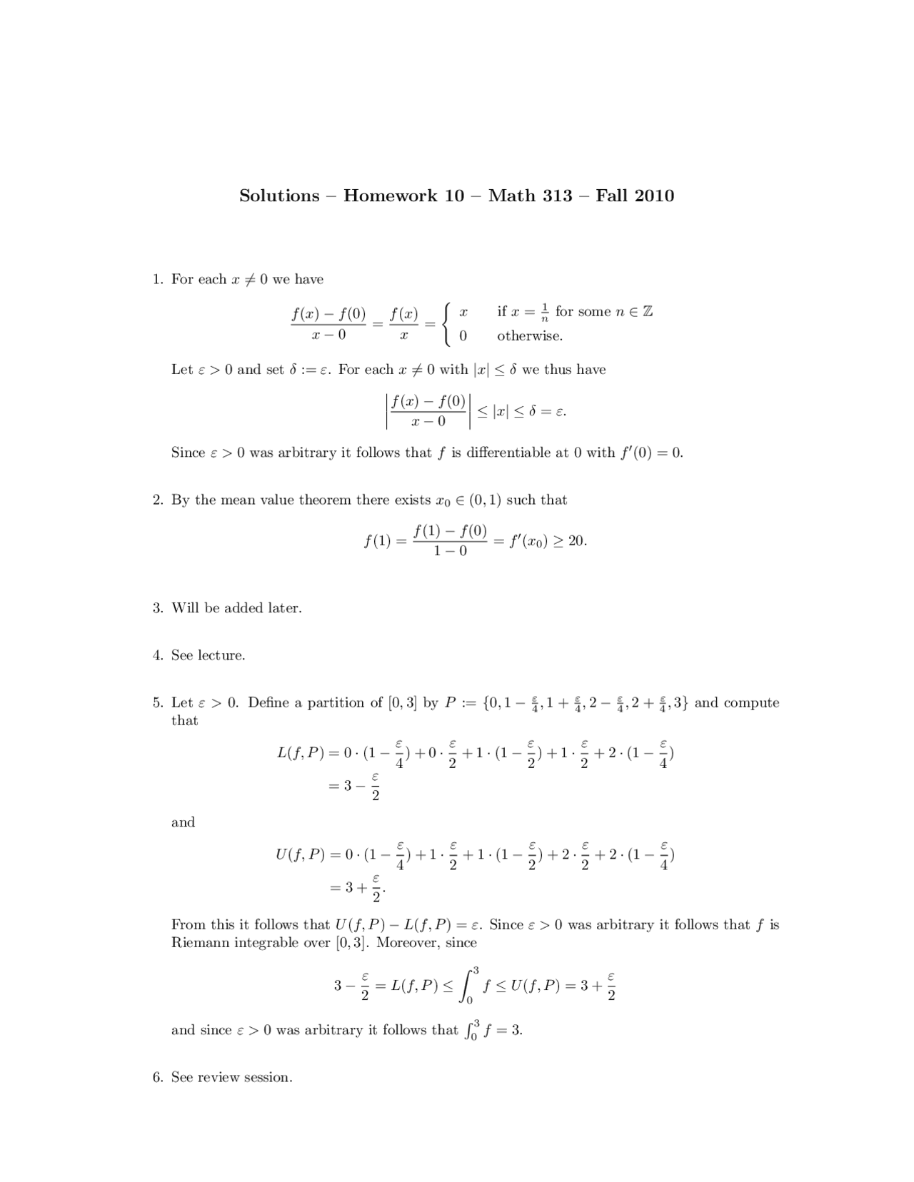 Analysis I Solutions To Homework 10 Math 313 Docsity