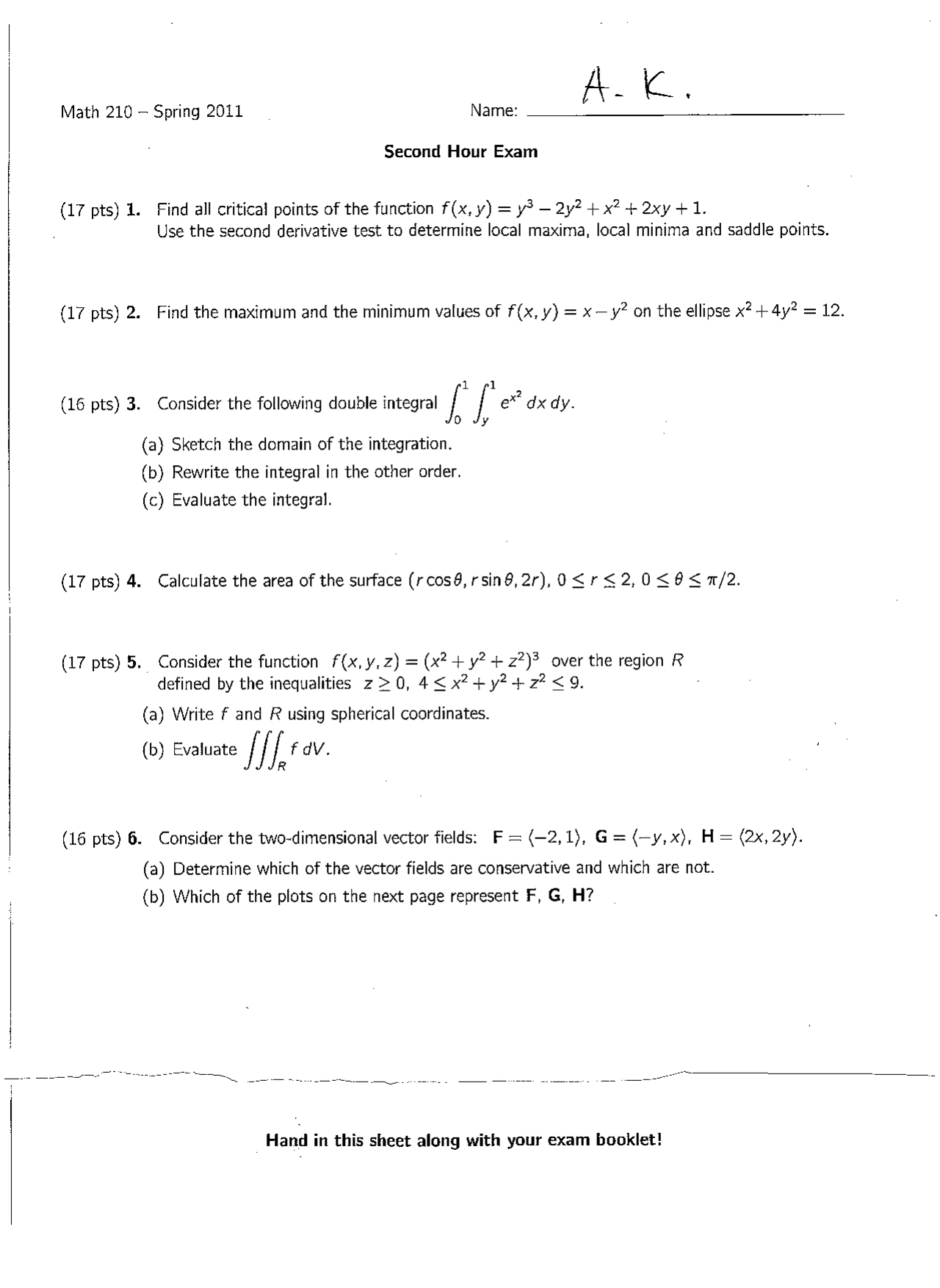 Past Examination 2 With Resolution Calculus Iii Math 210 Docsity