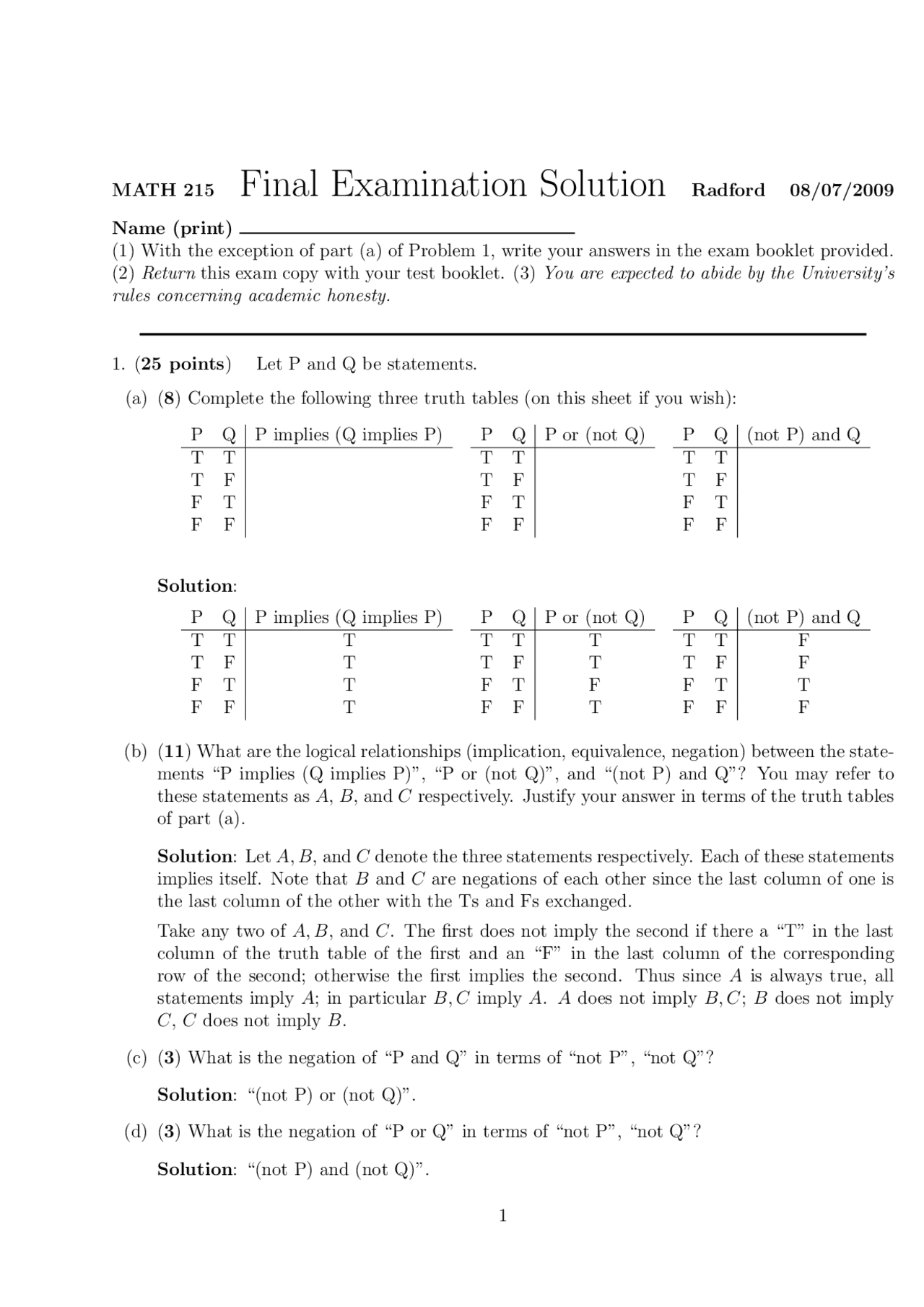 Final Exam with Resolution - Introduction to Advanced Mathematics | MATH 215 - Docsity
