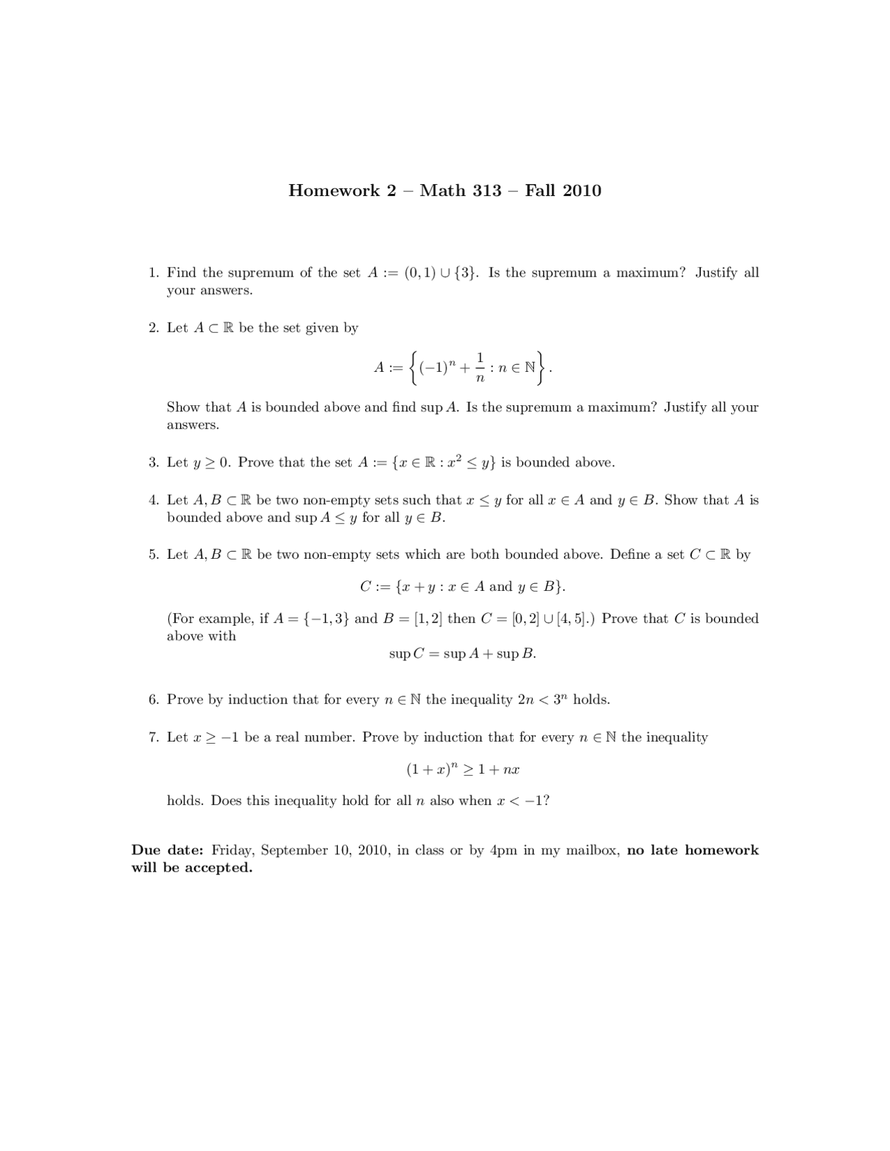 7 Problems on Homework 2 for Analysis I | MATH 313 | Assignments Mathematical Methods for ...