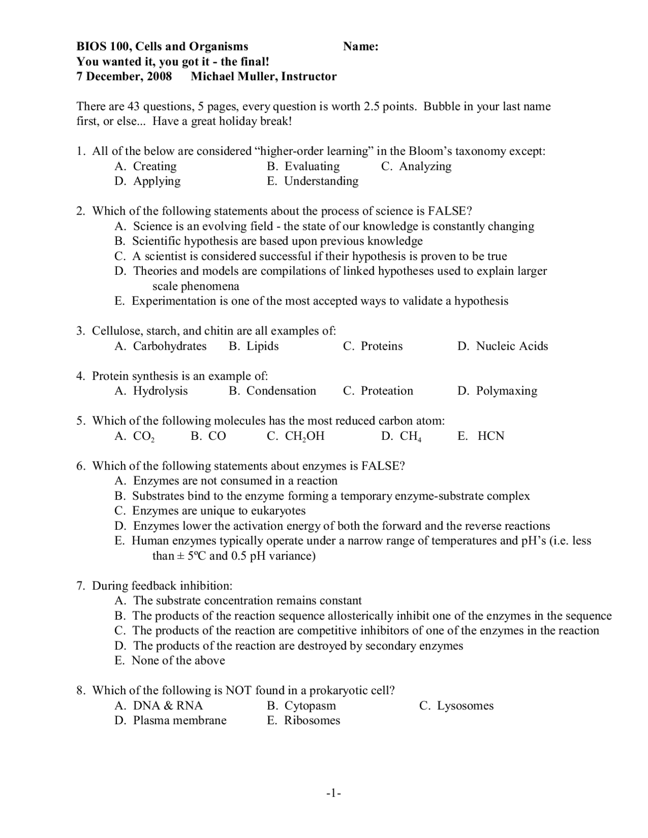 Bloom's Taxonomy and Biology Review Questions - Prof. Michael T. Muller ...
