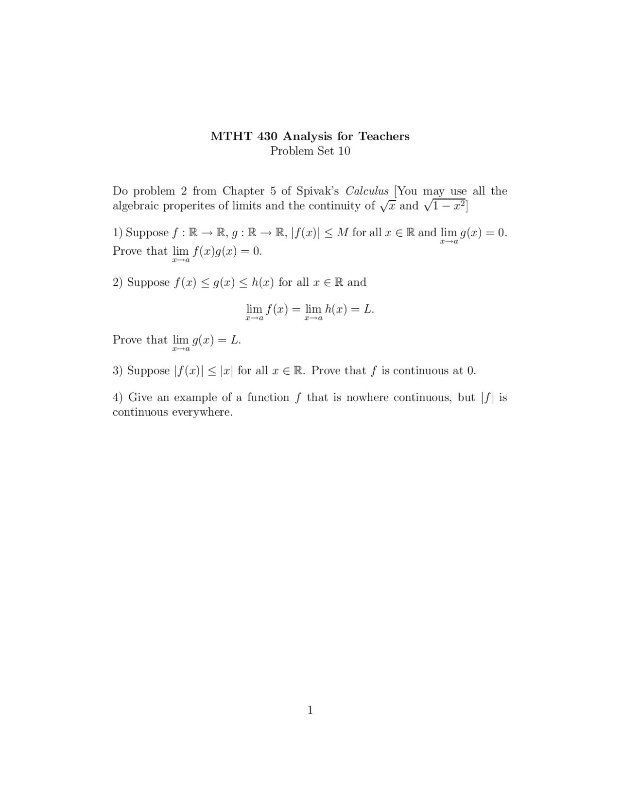 Problem Set 10 Mathematical Analysis For Teachers I Mtht 430 Docsity