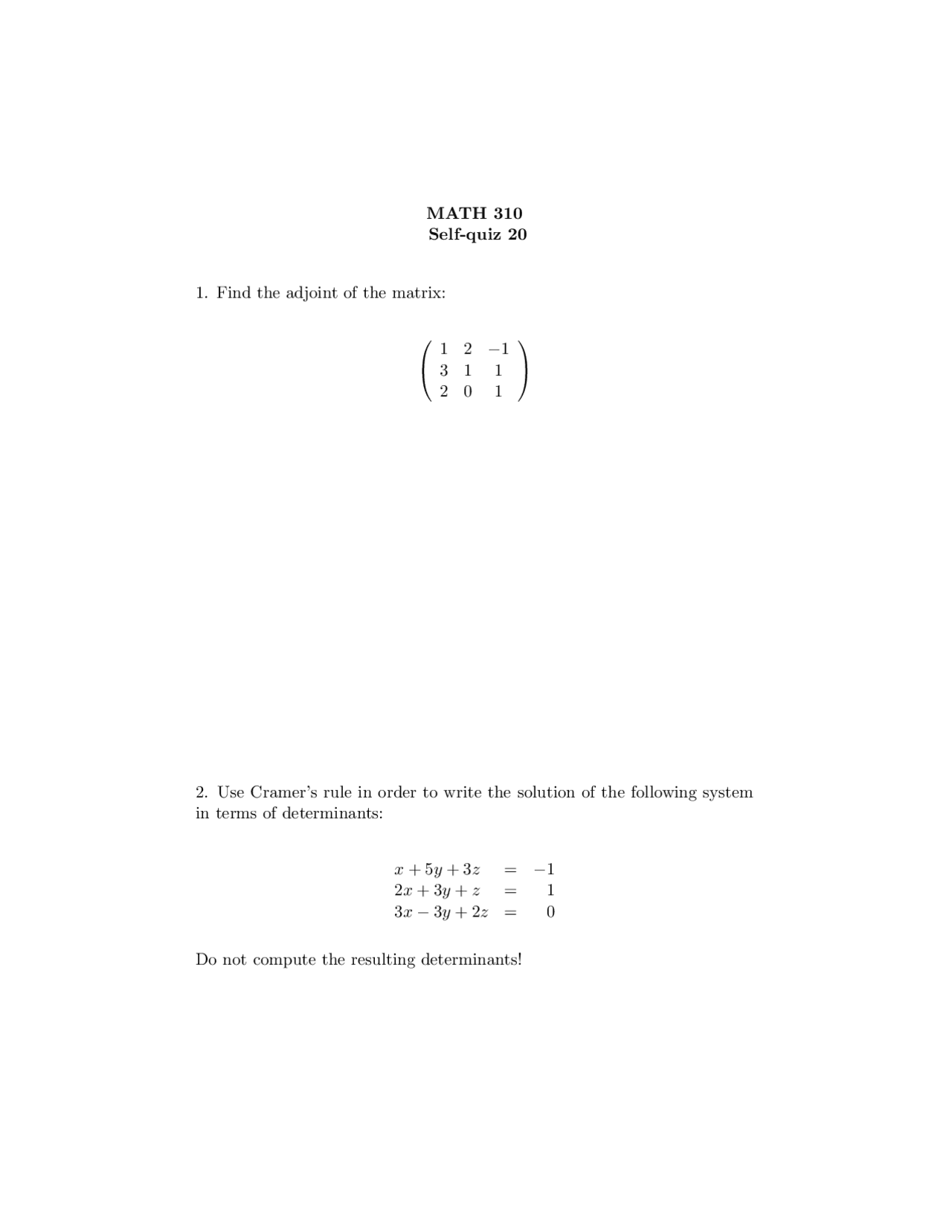 Self Quiz Questions For Applied Linear Algebra Math 310 Docsity