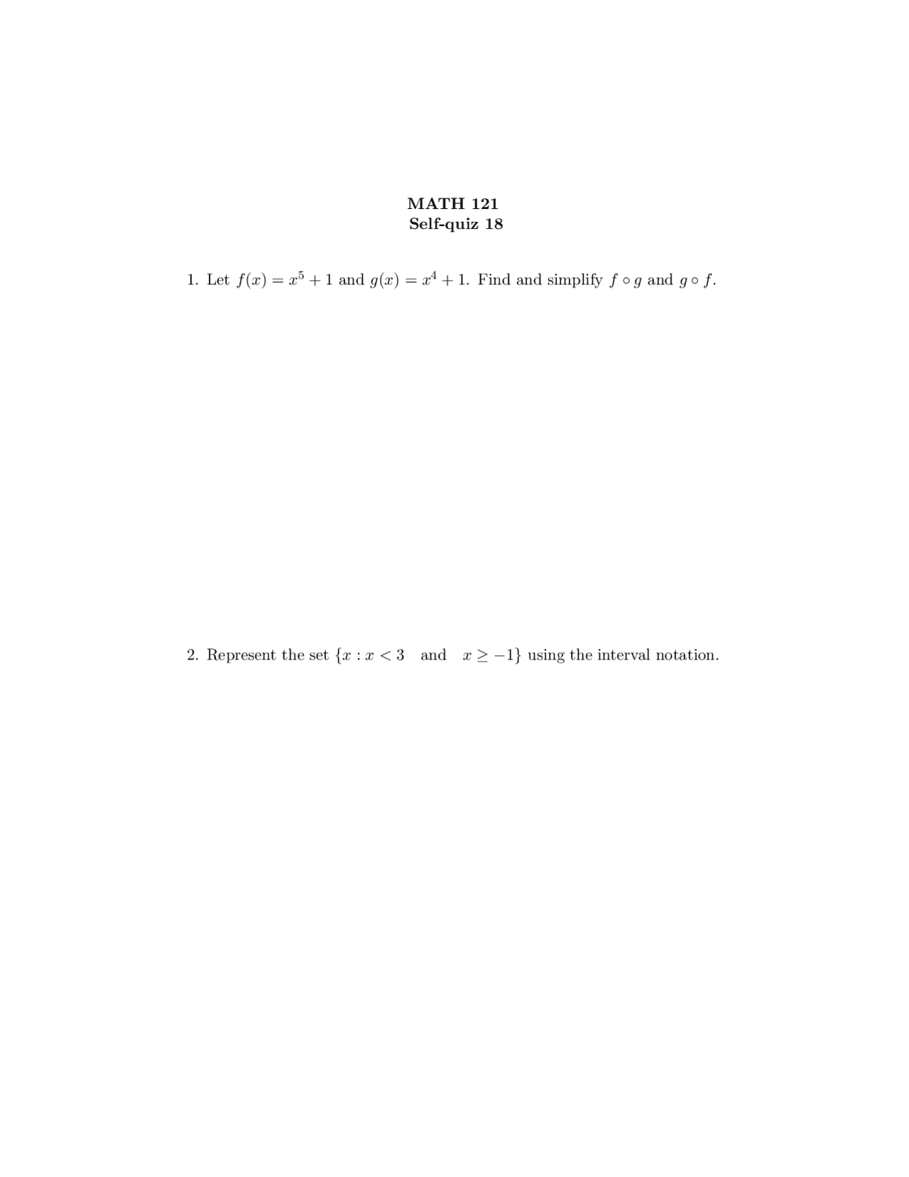 MATH 121 Self-quiz 18 Solutions: Function Composition and Interval Notation | Quizzes Pre ...