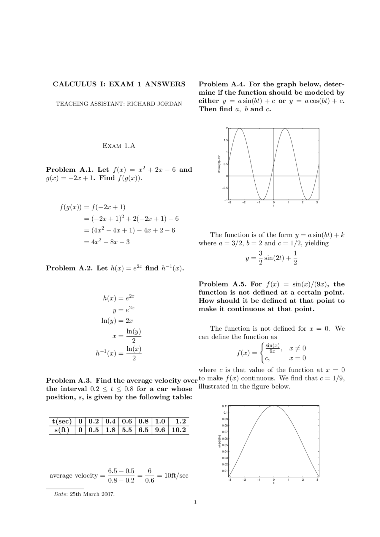 Sample Examination 1 with Answers - Calculus I | MATH 180 | Exams ...