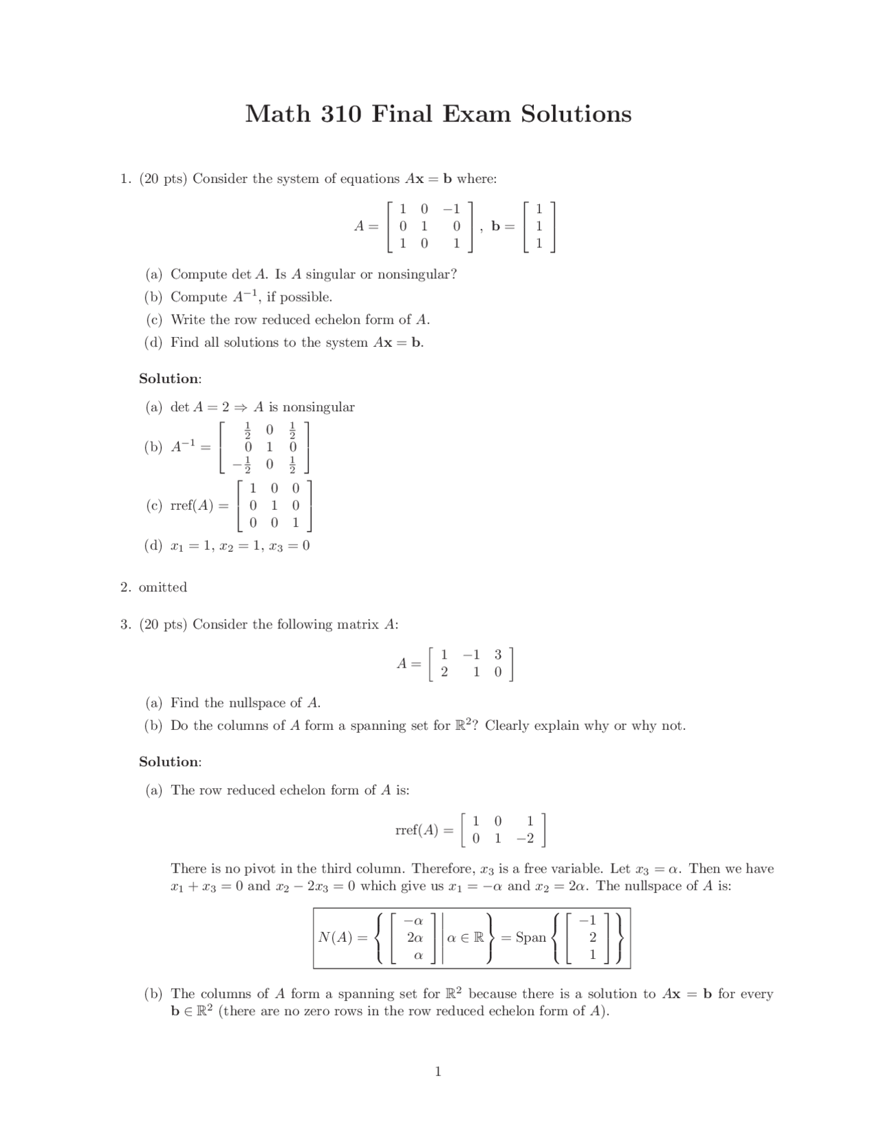 Final Exam Solutions for Applied Linear Algebra | MATH 310 - Docsity