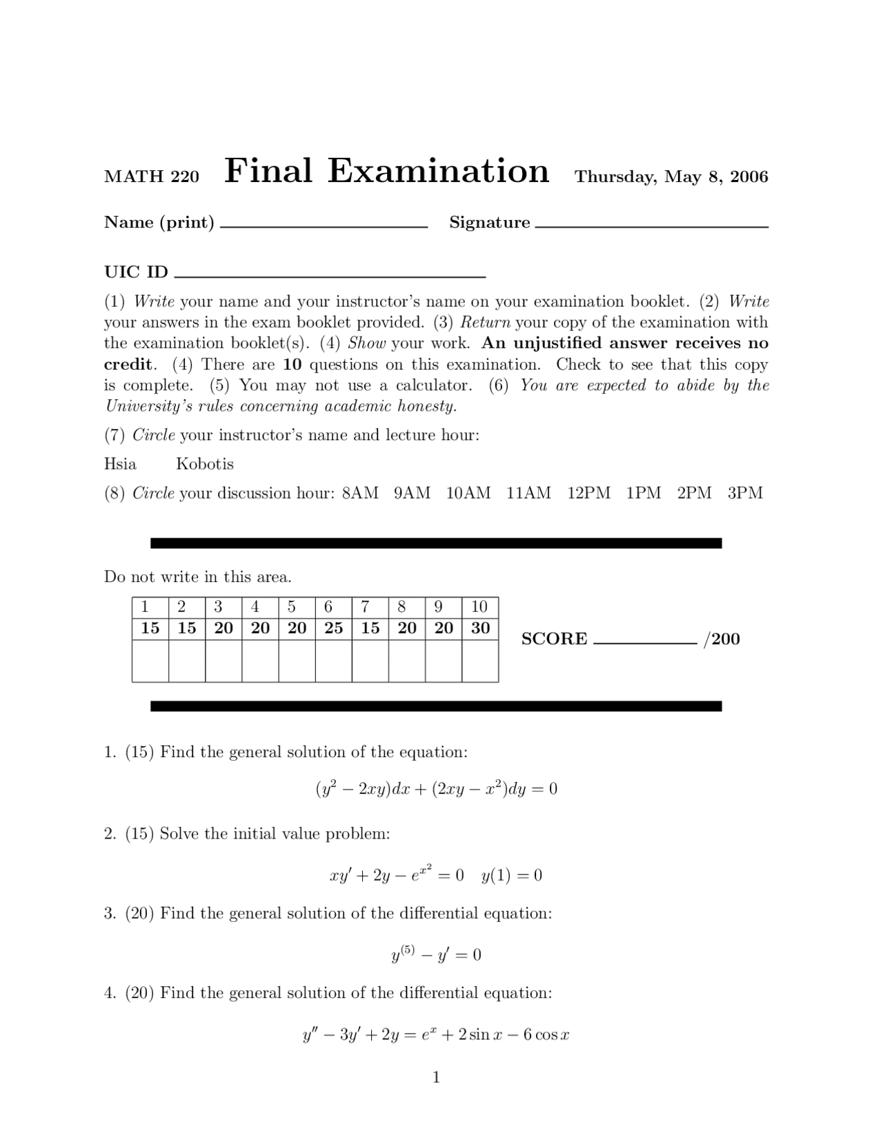 Final Examination - Introduction to Differential Equations | MATH 220 ...