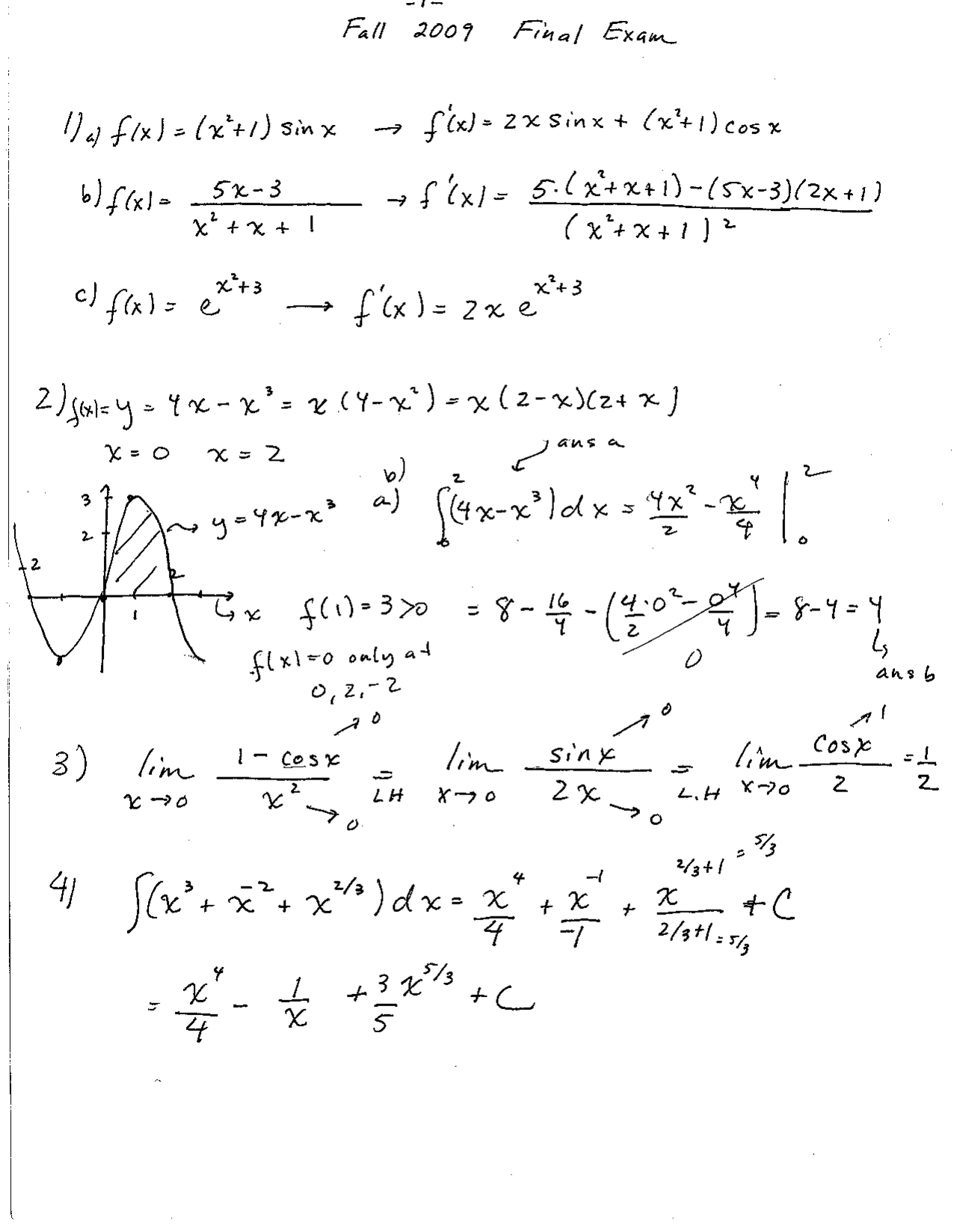 9 Questions in Final Exam Fall 2009 | Calculus I | MATH 180 - Docsity