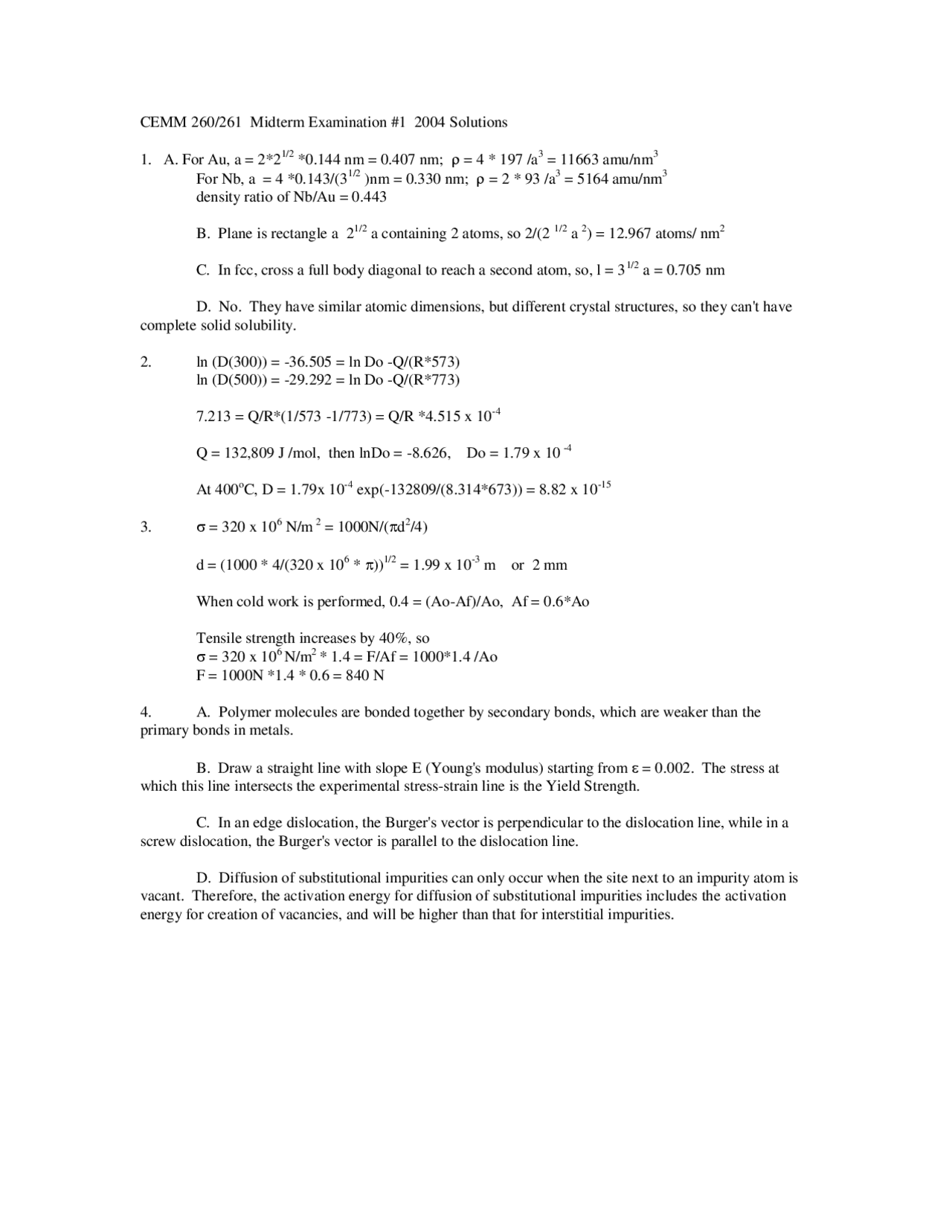 Properties Of Materials Midterm Examination 1 Solutions Cme 260 Docsity