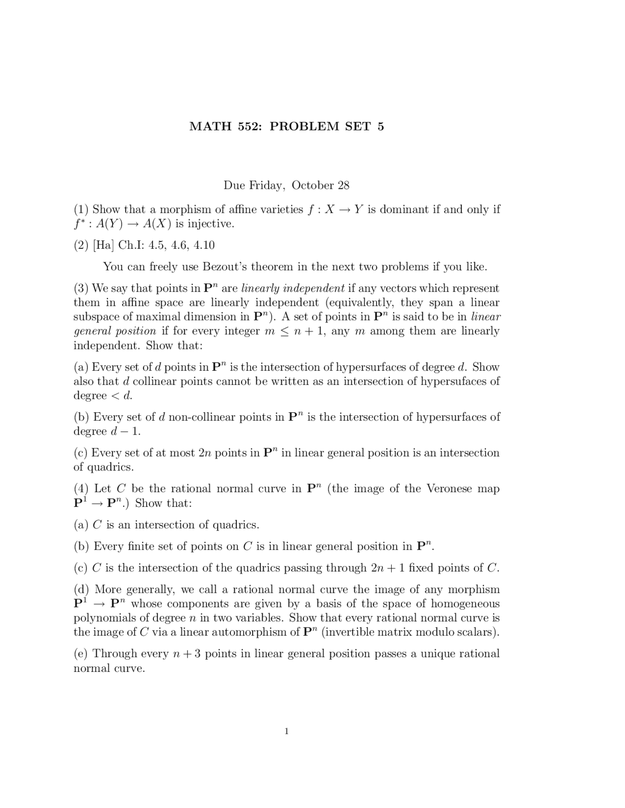 Problem Set 5 Algebraic Geometry I Math 552 Docsity