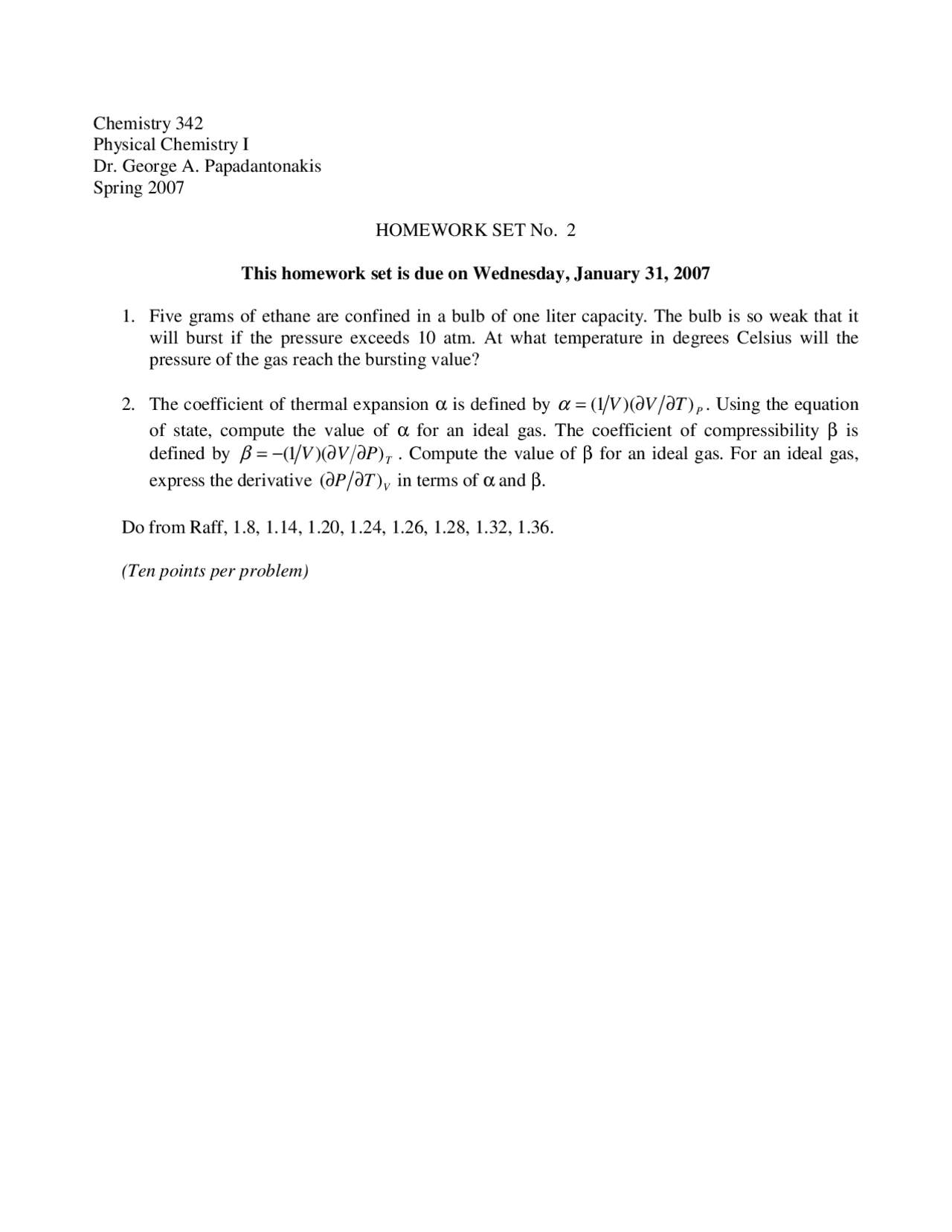 Solutions To Homework Set 2 Physical Chemistry I Chem 342 Docsity