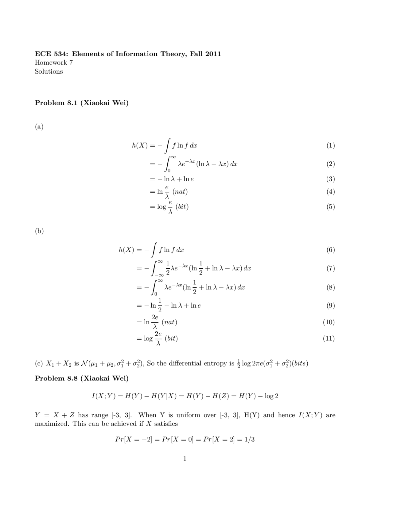 Elements Of Information Theory Homework 7 With Answers Ece 534