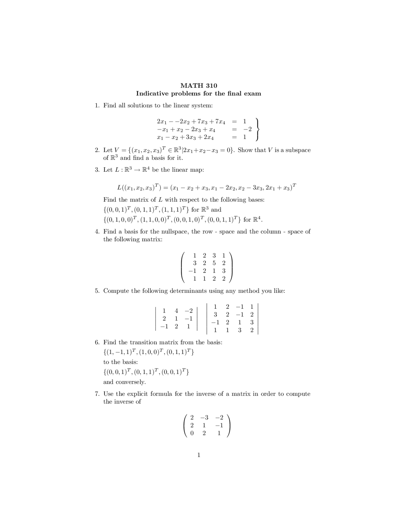 21 Questions in Final Examination on Applied Linear Algebra | MATH 310 ...