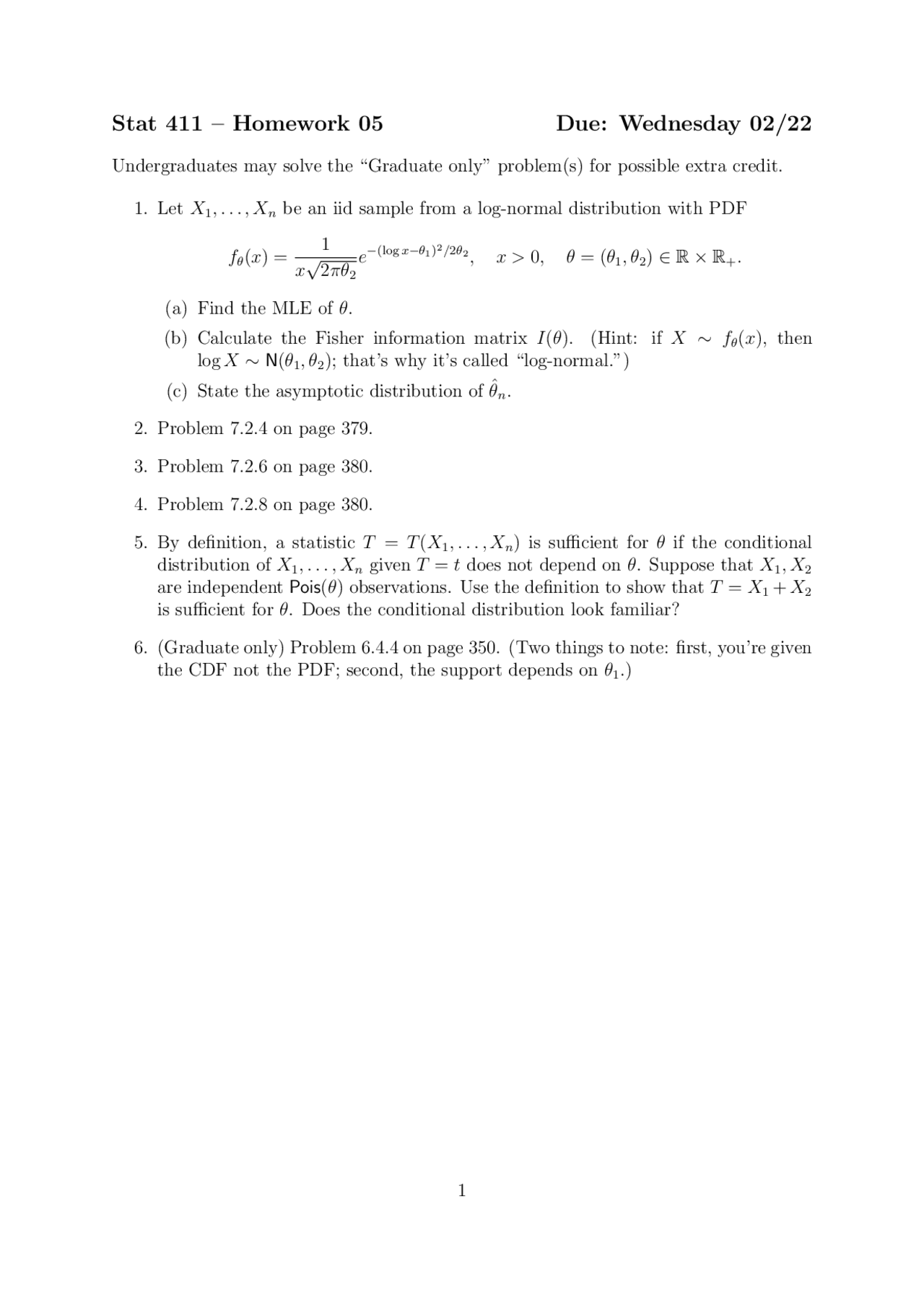 Homework 5 With Solutions Statistical Theory Stat 411 Assignments Statistics Docsity