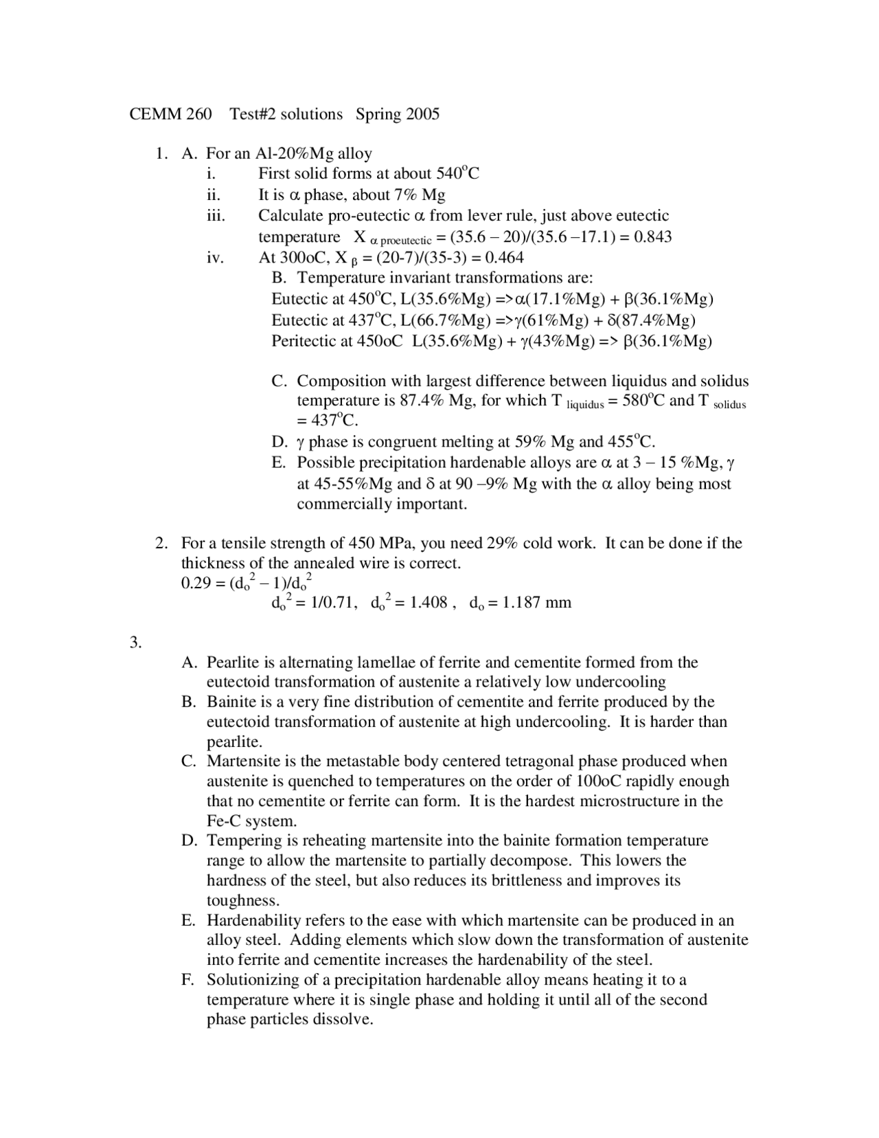 Test 2 Solutions Properties Of Materials Spring 2005 Cme 260