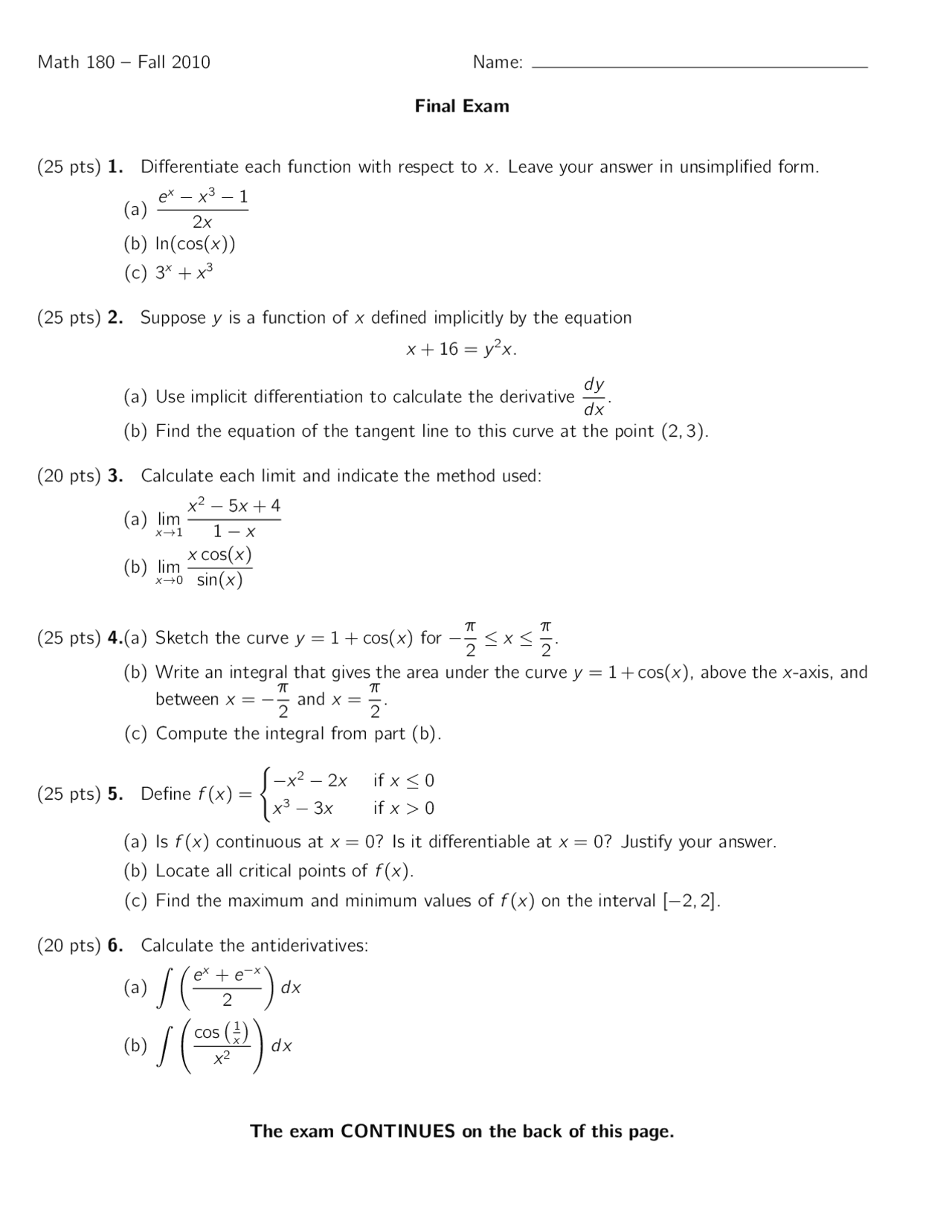 Final Examination Questions Calculus I Math 180 Docsity
