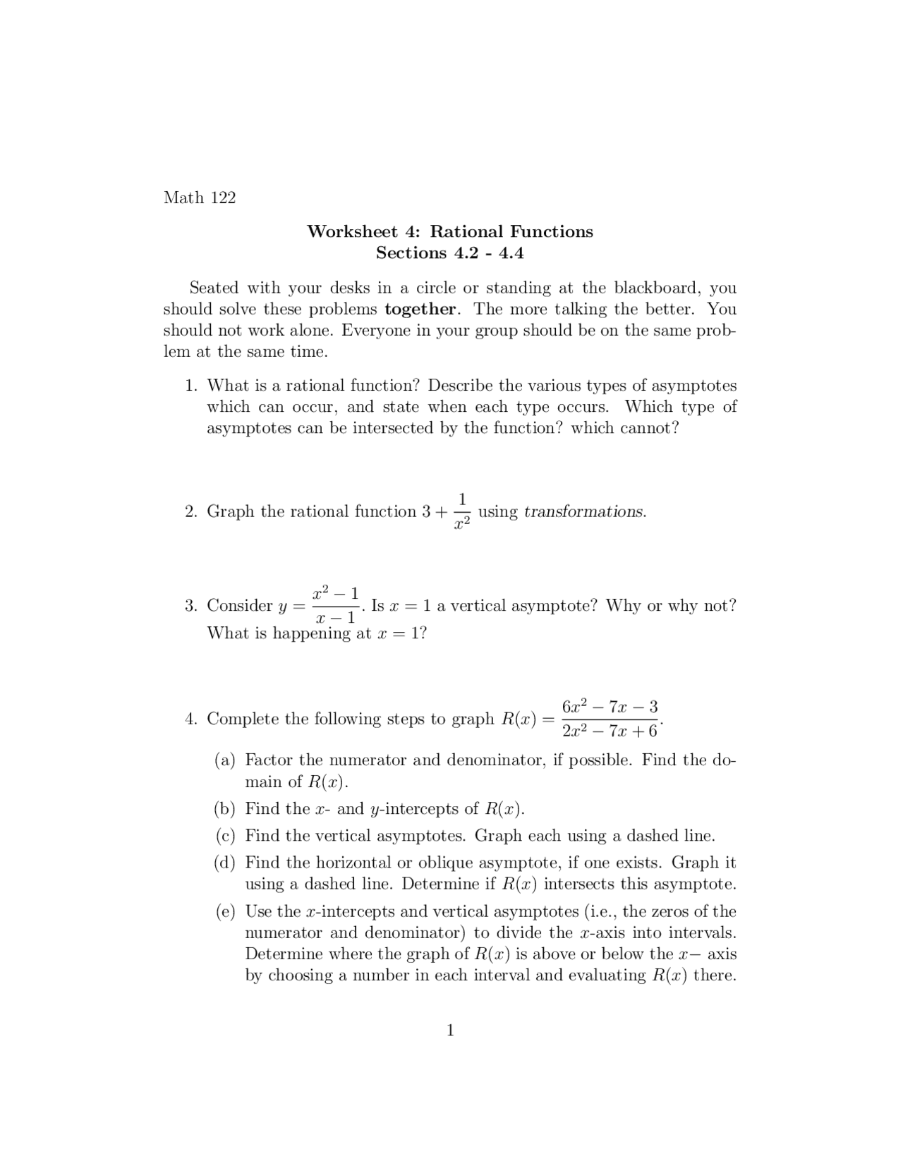 Rational Functions Sample Worksheet 4 Math 122 Docsity