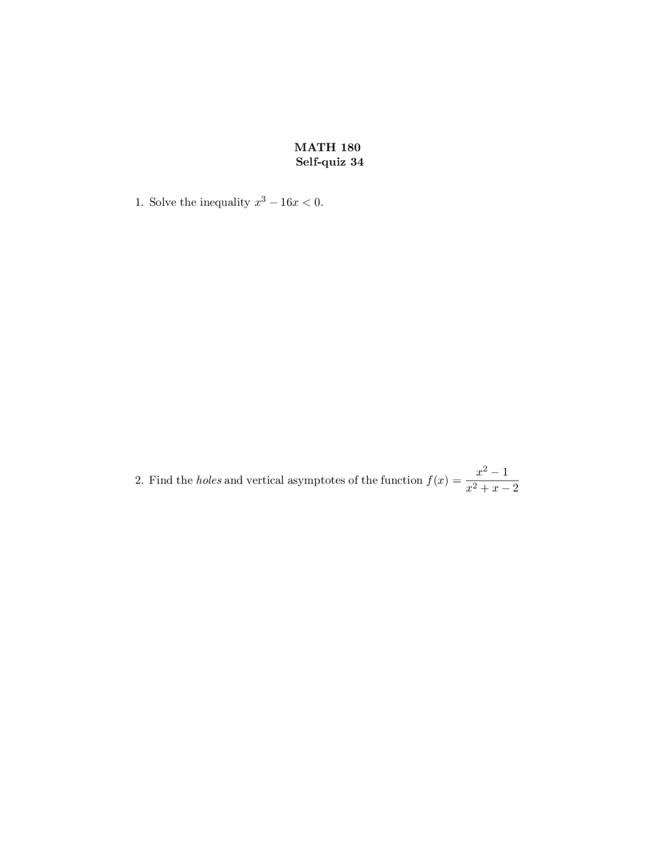 Self Quiz 34 With Solutions Calculus I Math 180 Docsity