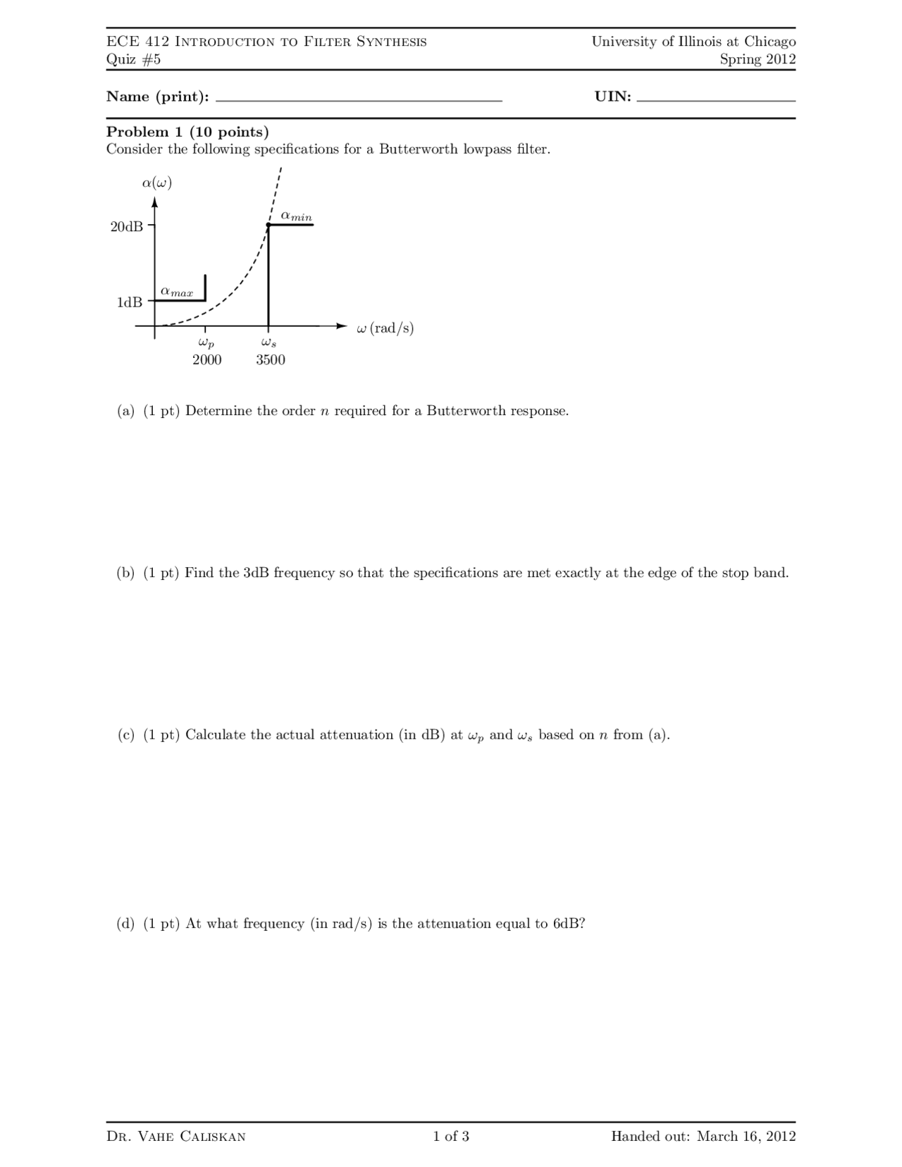 Quiz 5 With Solutions Introduction To Filter Synthesis Ece 412
