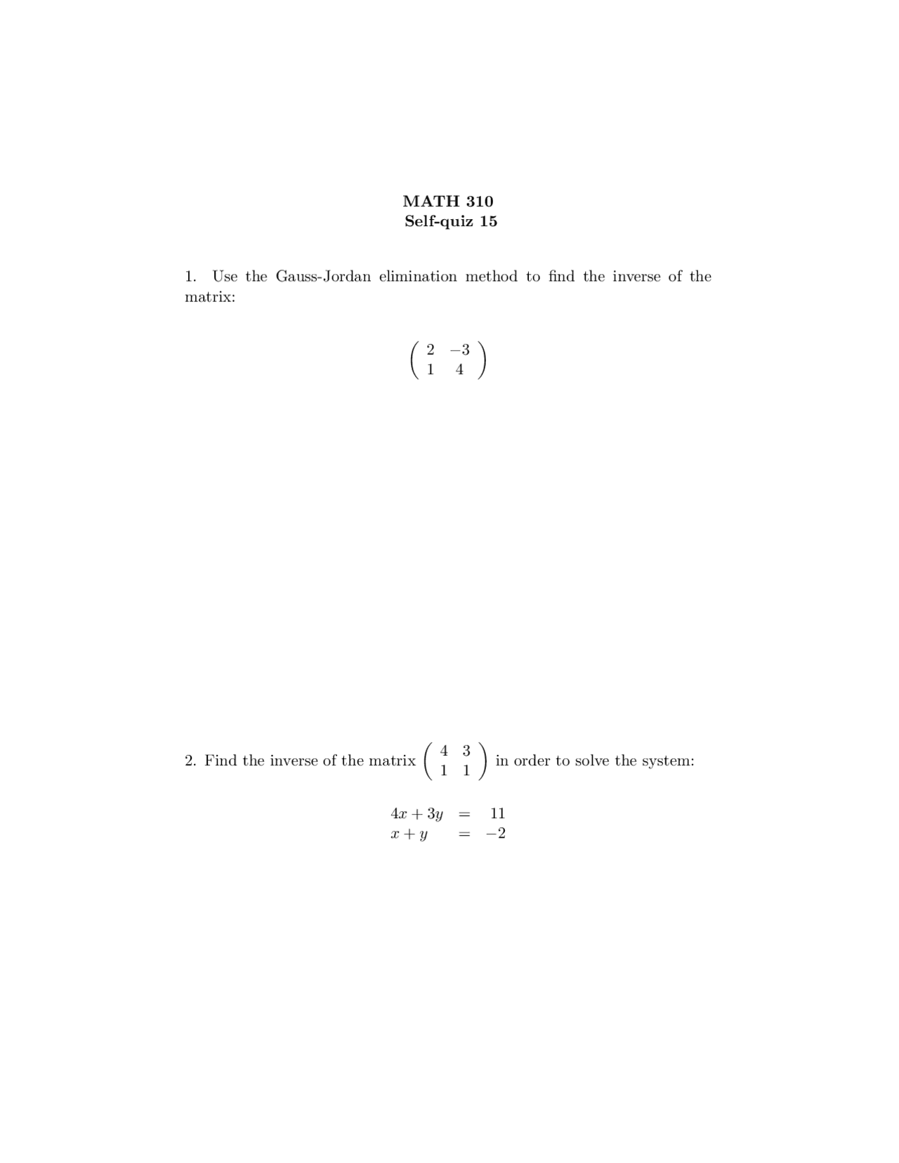Self-Quiz #15 with Solutions - Applied Linear Algebra | MATH 310 | Quizzes Linear Algebra | Docsity